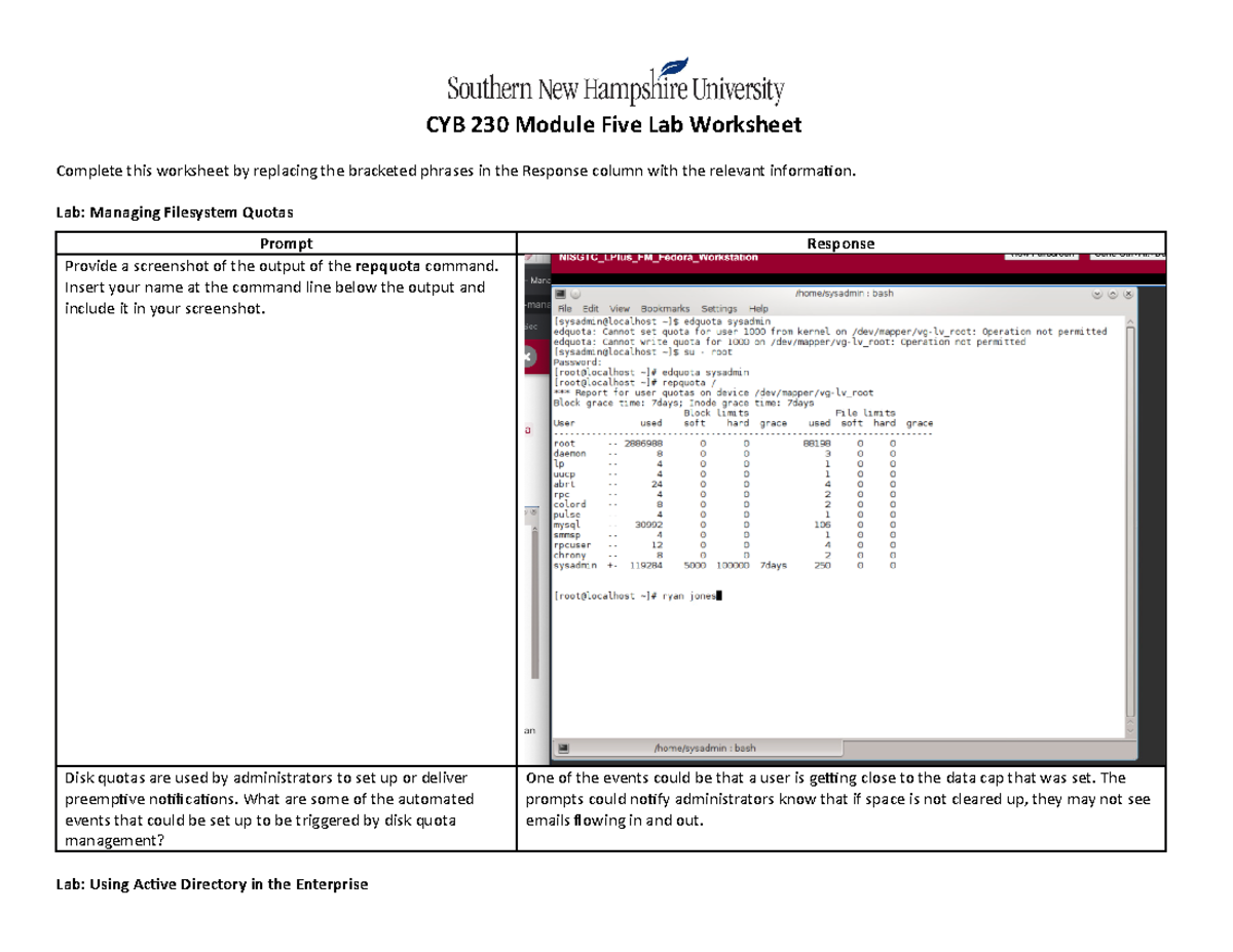 CYB 230 Module 5 Lab: Filesystem Quotas & Active Directory Tasks - Studocu