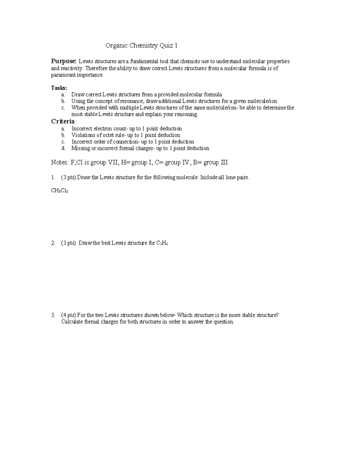 Organic Chemistry Quiz 1 20 aug F21 missing hand drawn structures ...