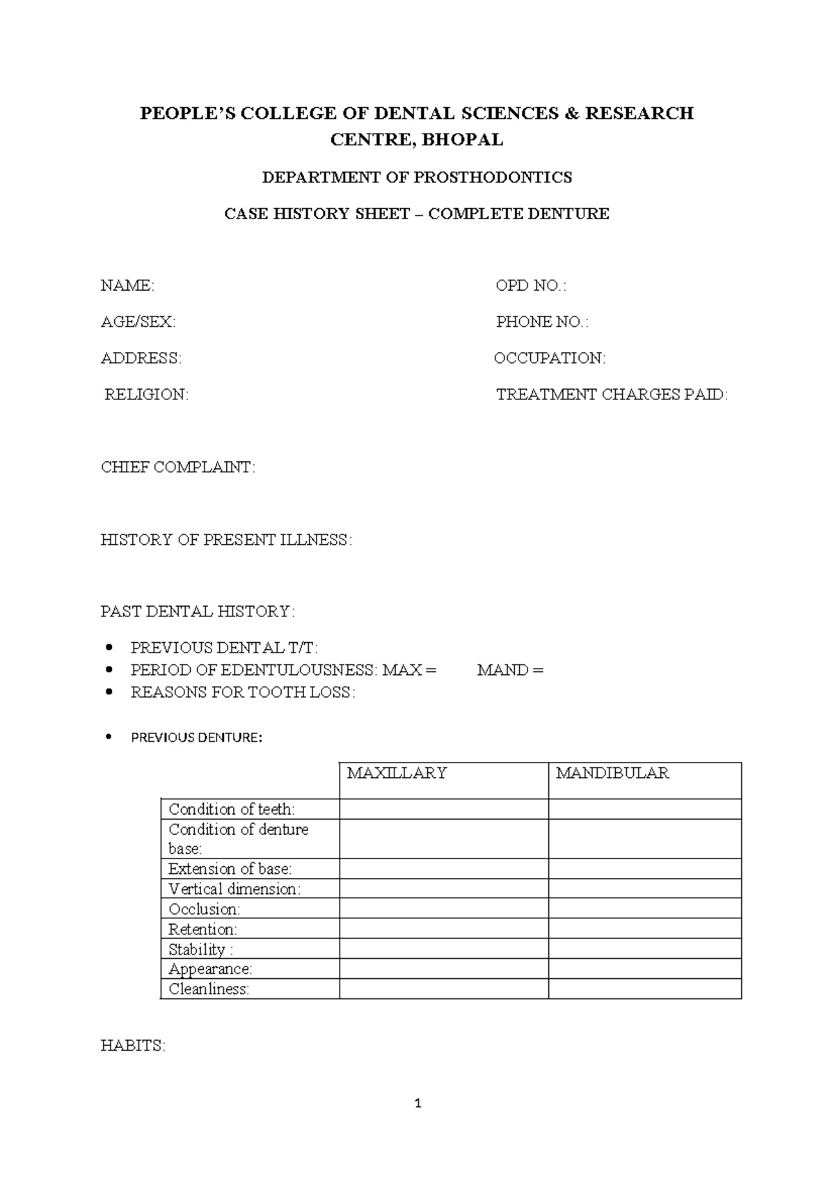 PCDS RC, Bhopal: Complete Denture Case History Sheet - Studocu