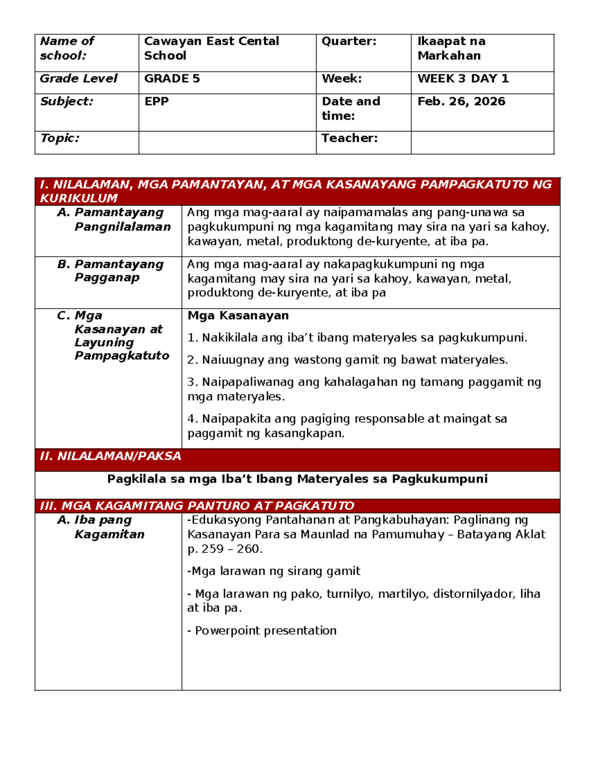 DLP: Daily Lesson Plan for EPP GRADE 5 - Week 3 Day 1 - Studocu