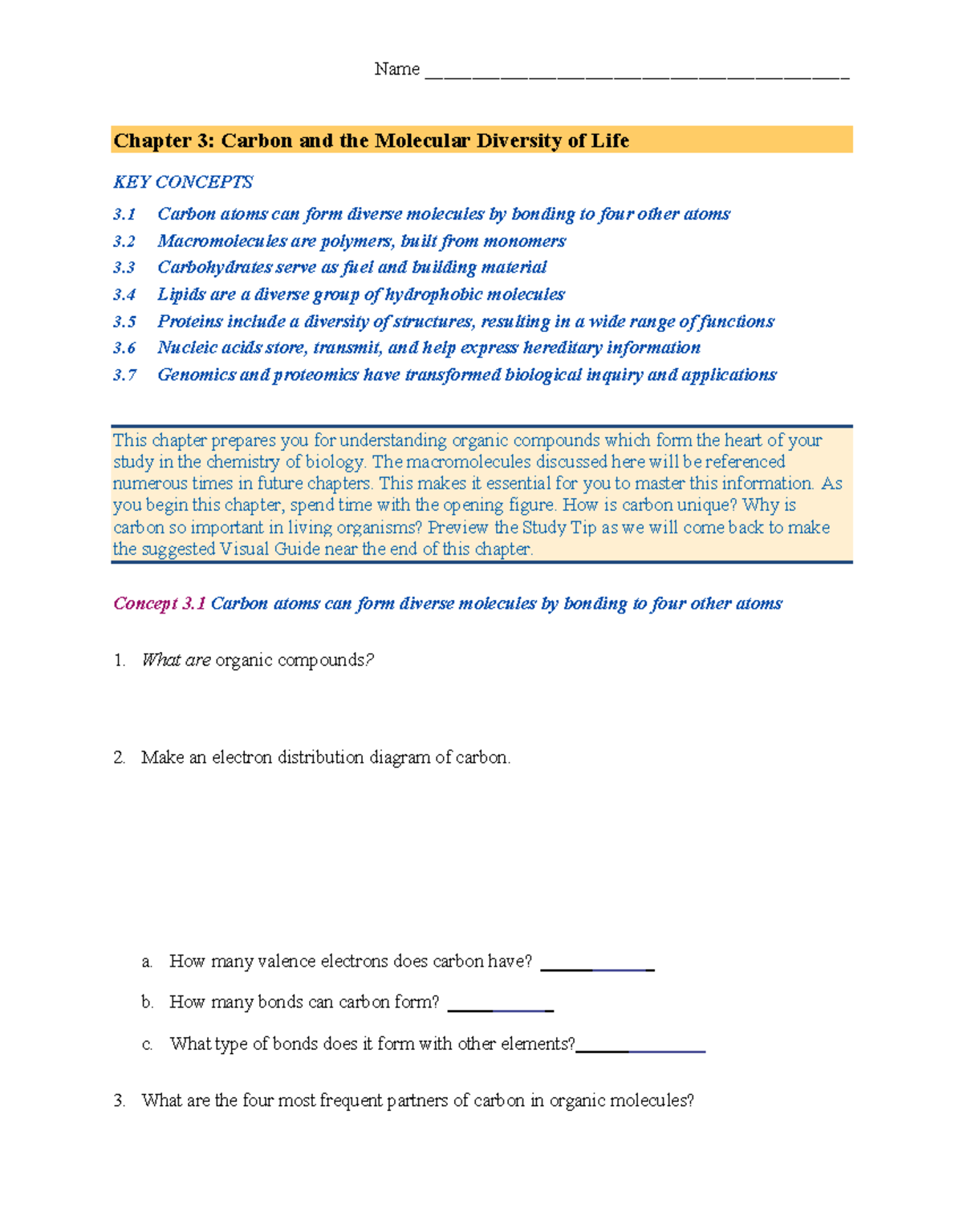 Chapter 3: Carbon and Molecular Diversity of Life - Active Reading Guide - Studocu