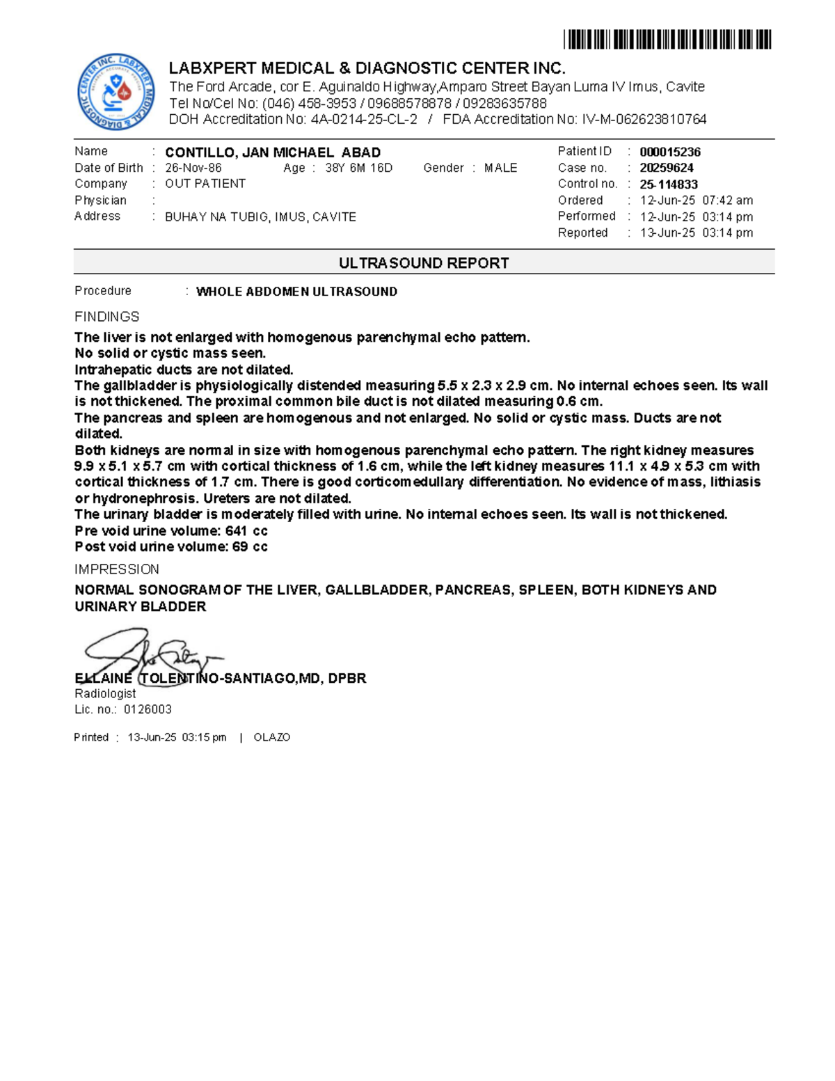 Ultrasound Report for Jan Michael Abad Contillo - LABXPERT - Studocu