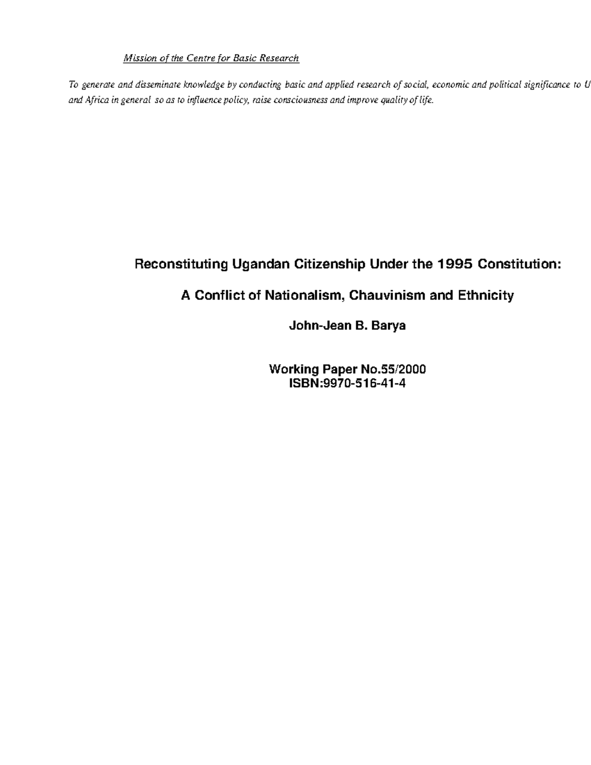 Reconstituting Ugandan Citizenship: A CBR Working Paper No.55 - Studocu