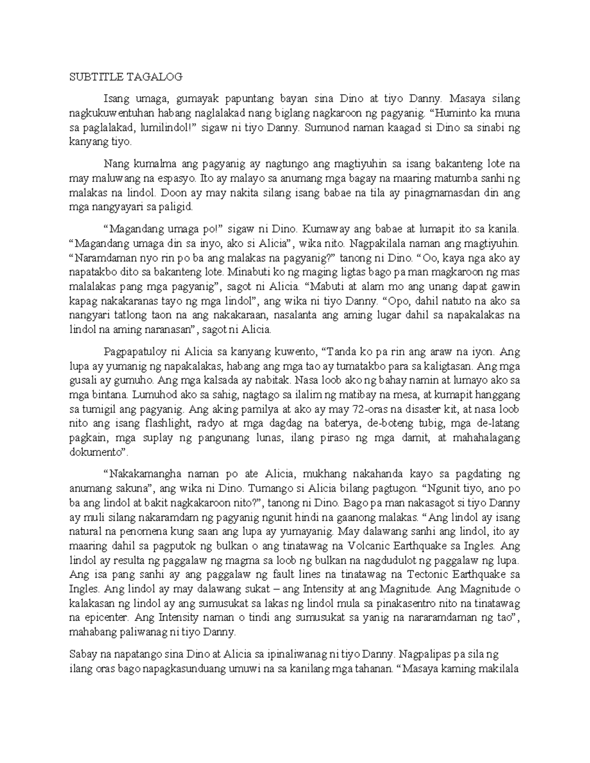 Dula Dulaan: Lindol at Kaligtasan - Tagalog Transcription of Story ...