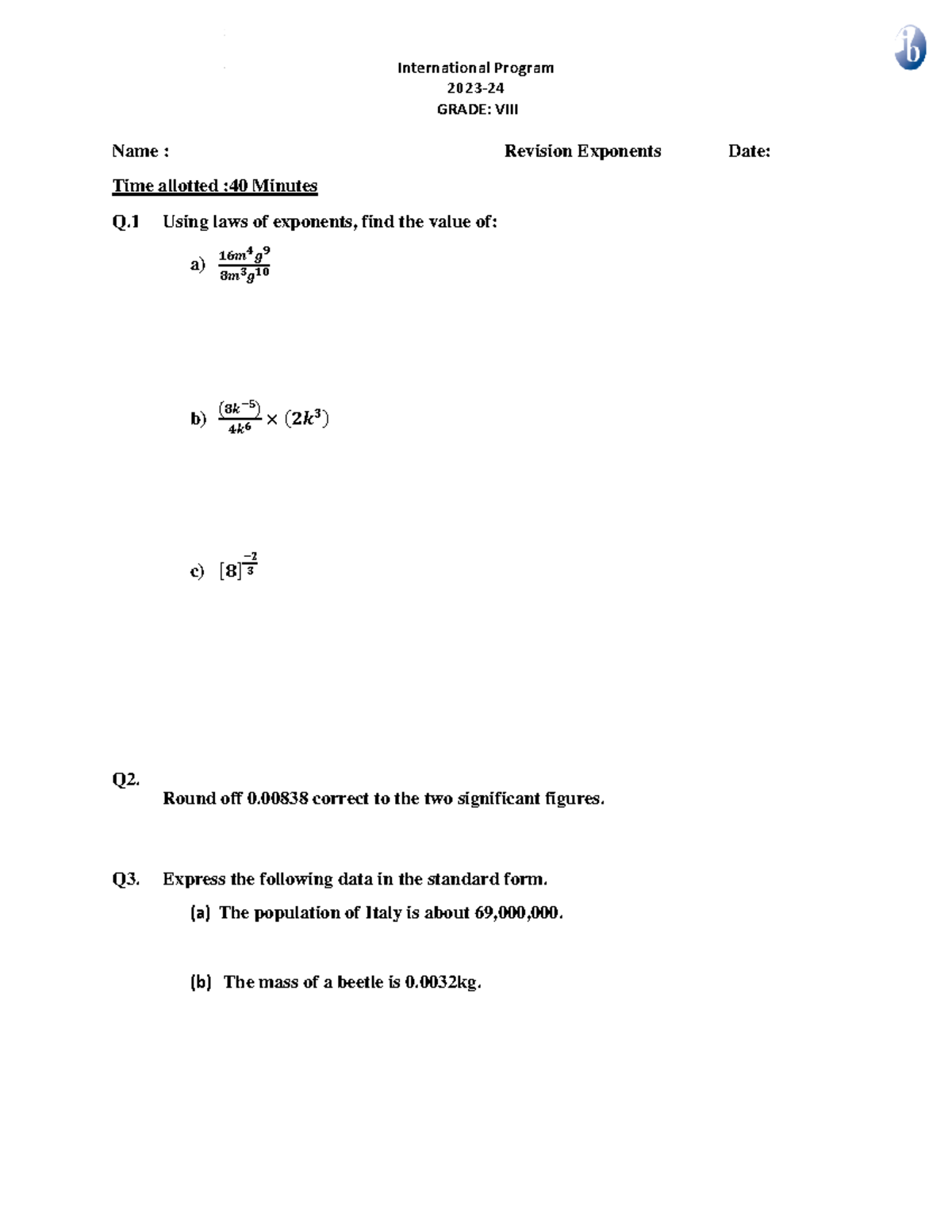 International Program GRADE: Exponents & Significant Figures Revision ...