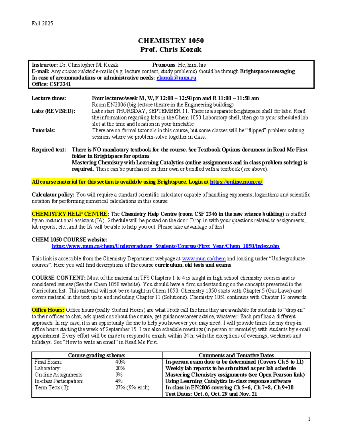 Fall 2025 CHEM 1050 Course Syllabus Overview and Guidelines - Studocu