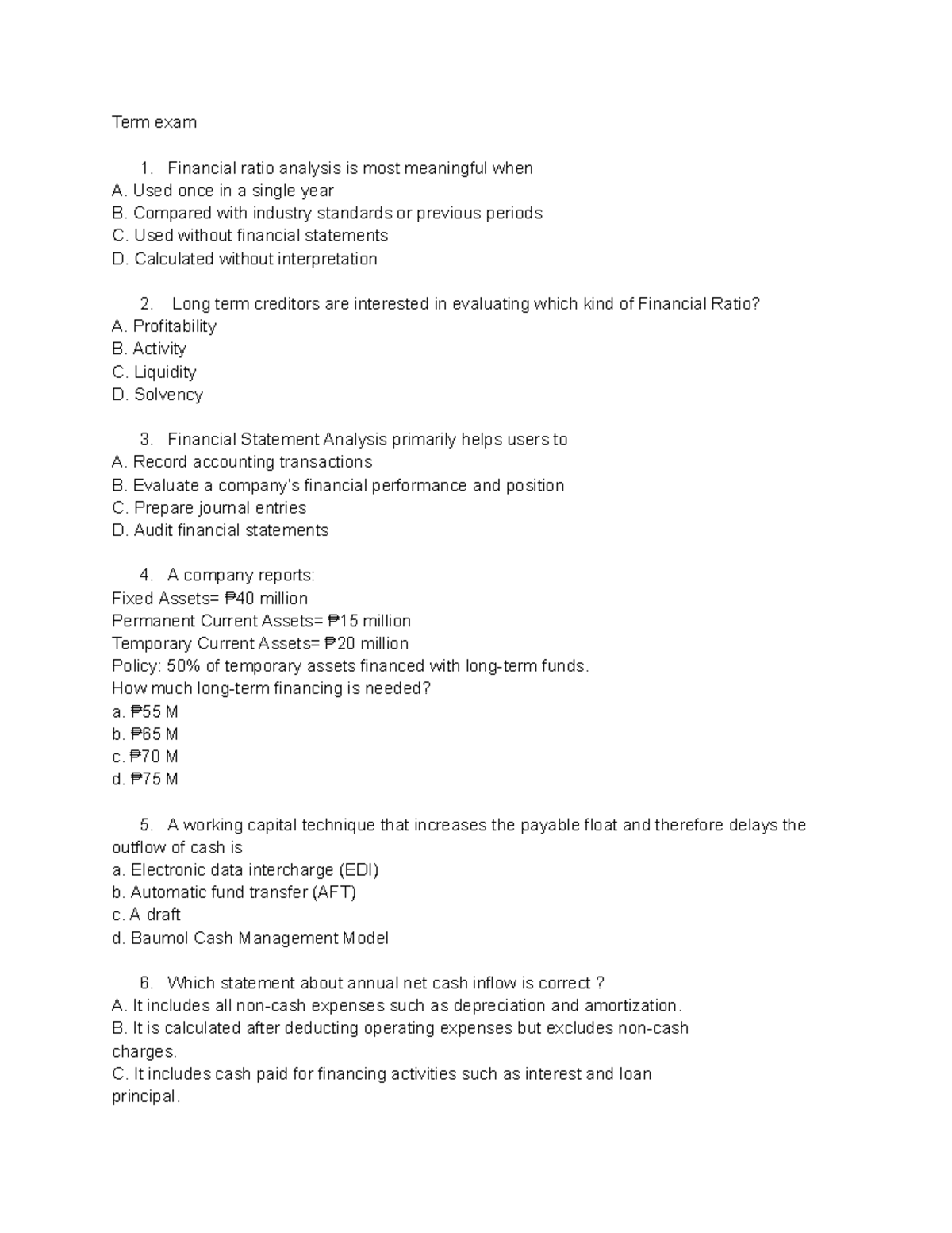 FIN 301: Term Exam on Financial Ratio Analysis and Cash Flow Concepts ...