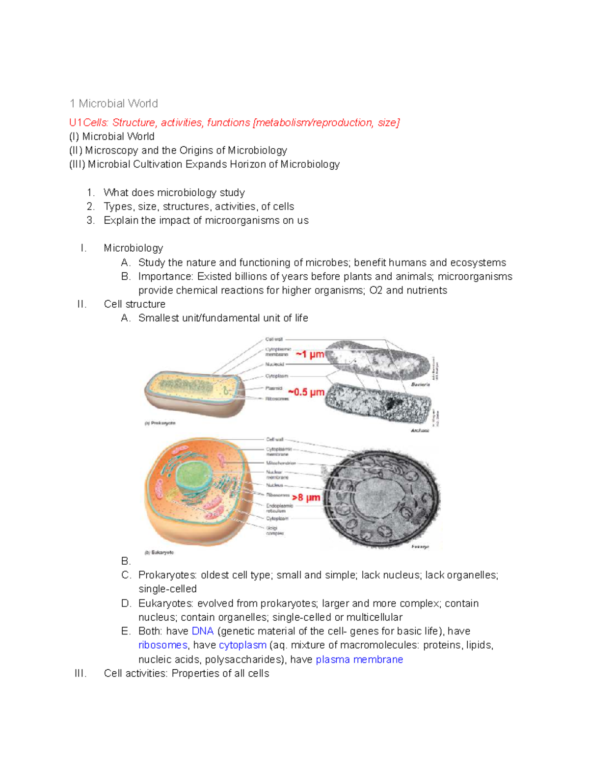 Microbio Study Guide: U1 Cells, Structure & Functions Overview - Studocu