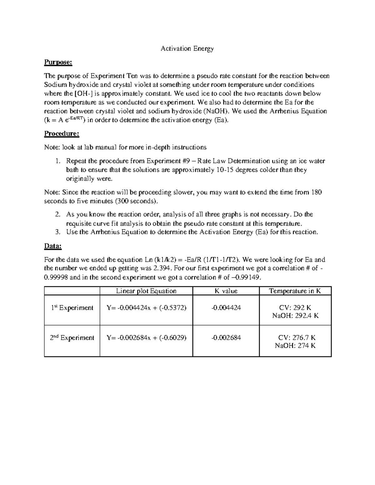 Lab report 10 - Professor: Mark Thomson, PhD - Activation Energy ...