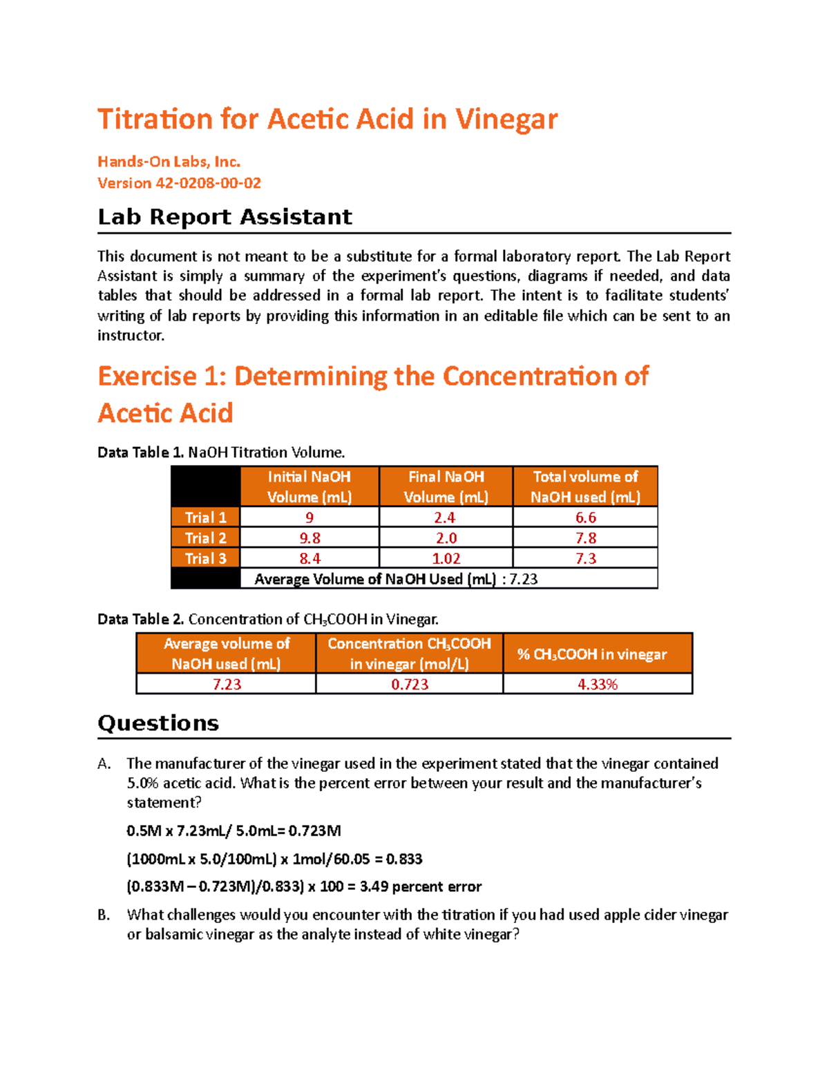Lab Report: Titration of Acetic Acid in Vinegar (Version 42-0208-00) - Studocu