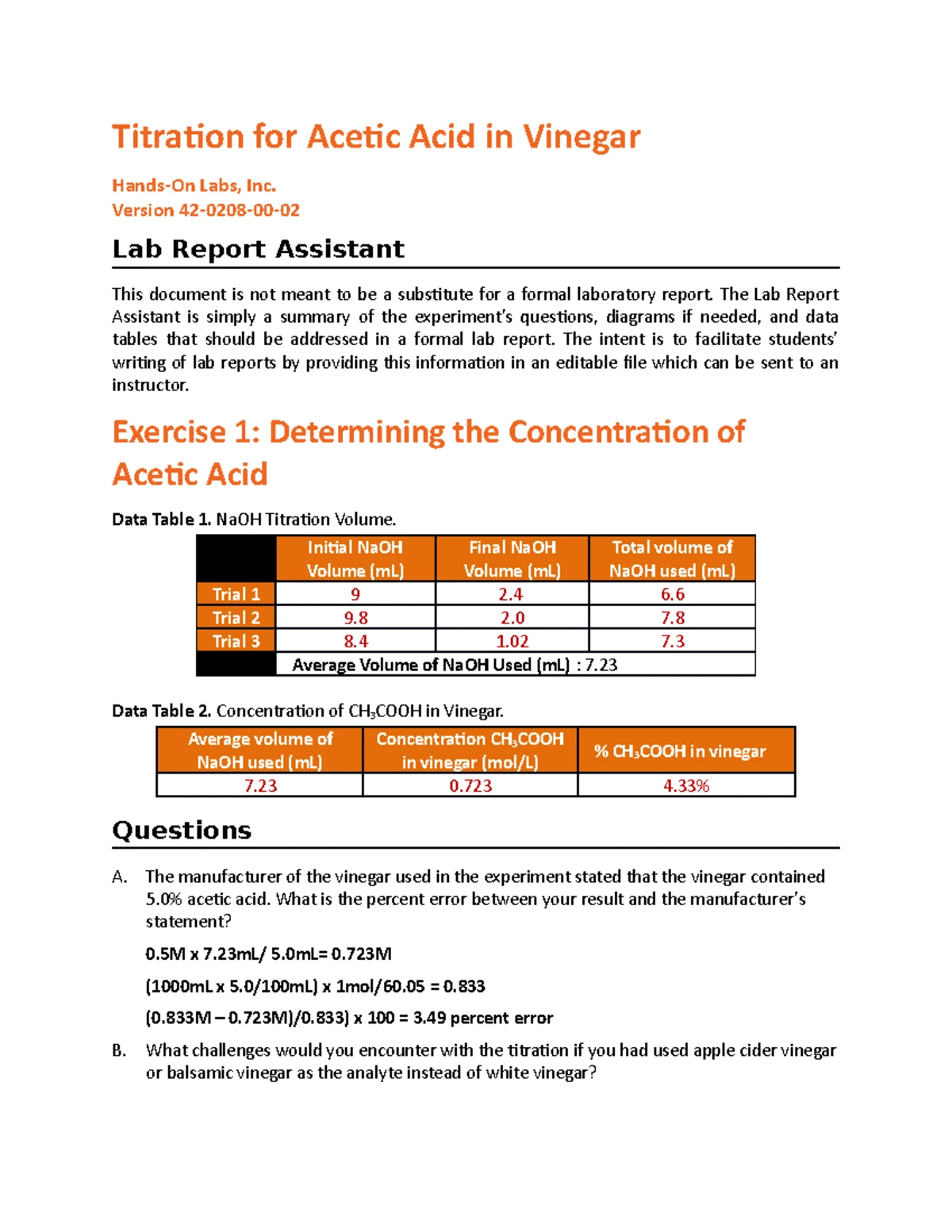 Lab - Determination of Acetic Acid Concentration in Vinegar - Lab ...