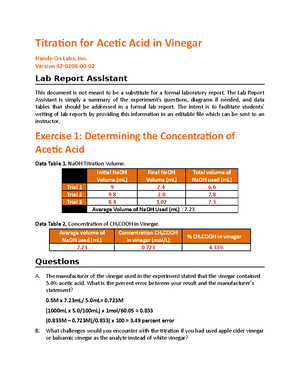 Lab - Determination of Acetic Acid Concentration in Vinegar - Lab ...