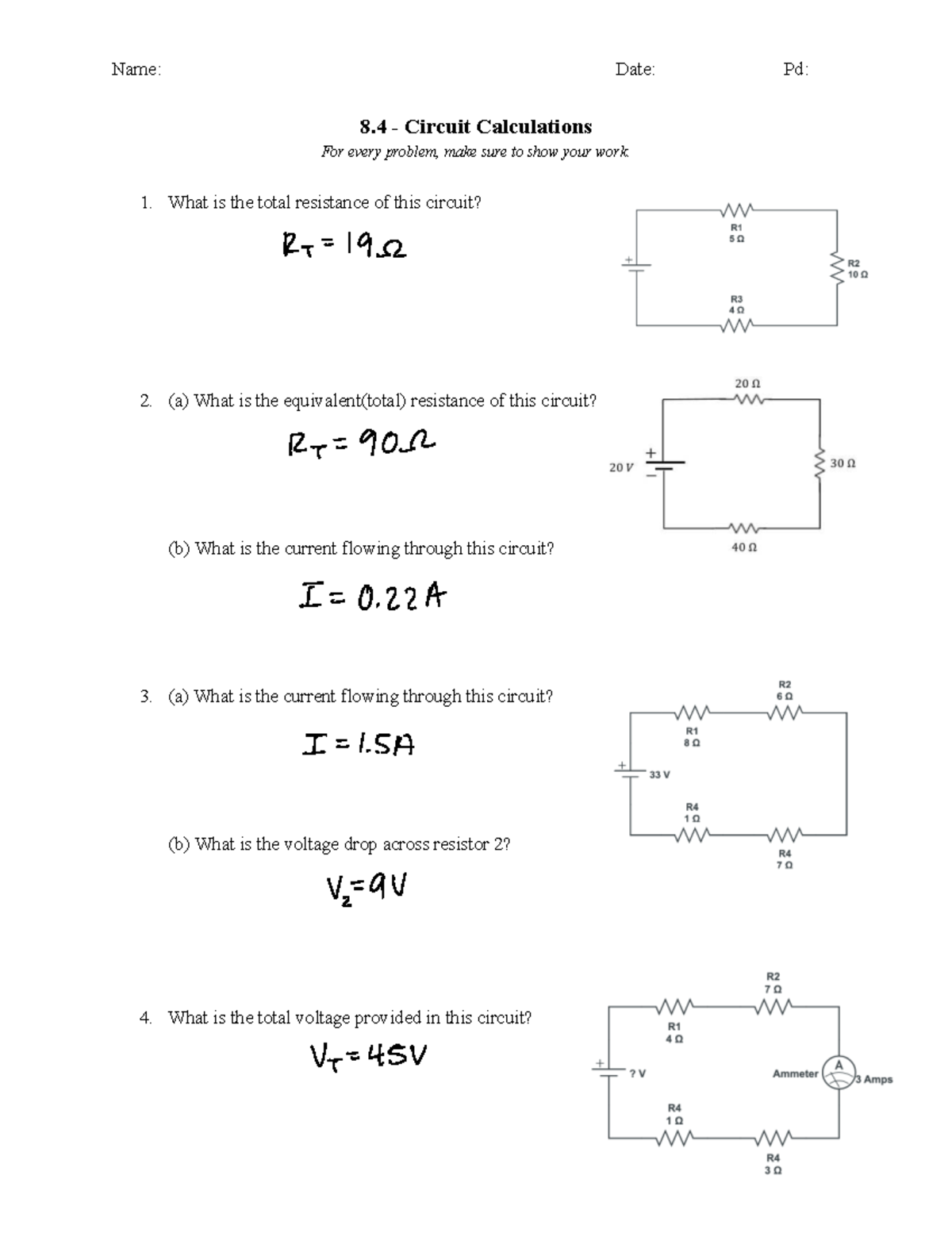 Circuit Calculations Worksheet - Physics 101 - Name: Date: Pd ...