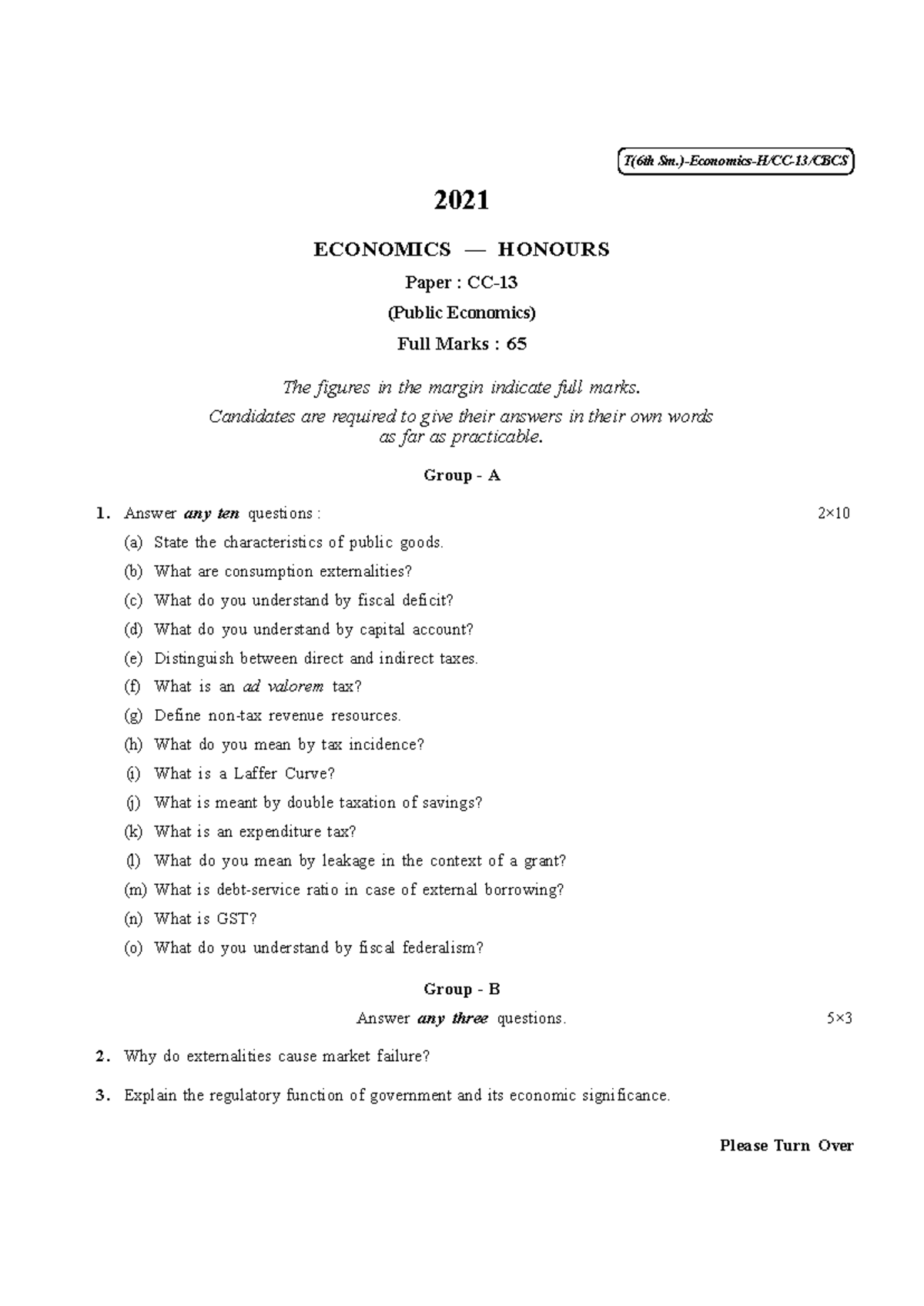 CU-2021 B.A. Economics Honours: Public Economics Exam Paper - Studocu
