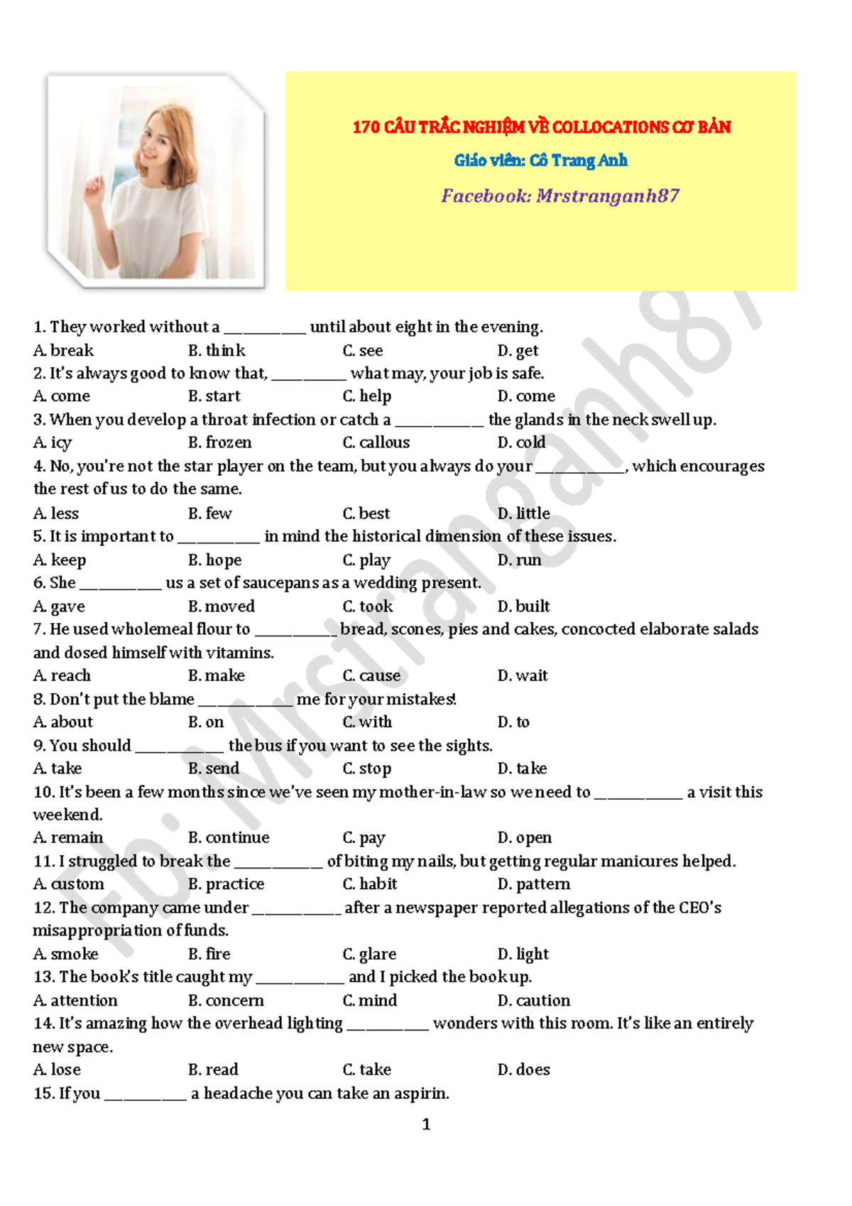Bài Tập Trắc Nghiệm Về Collocations Cơ Bản - Môn 170 - Studocu