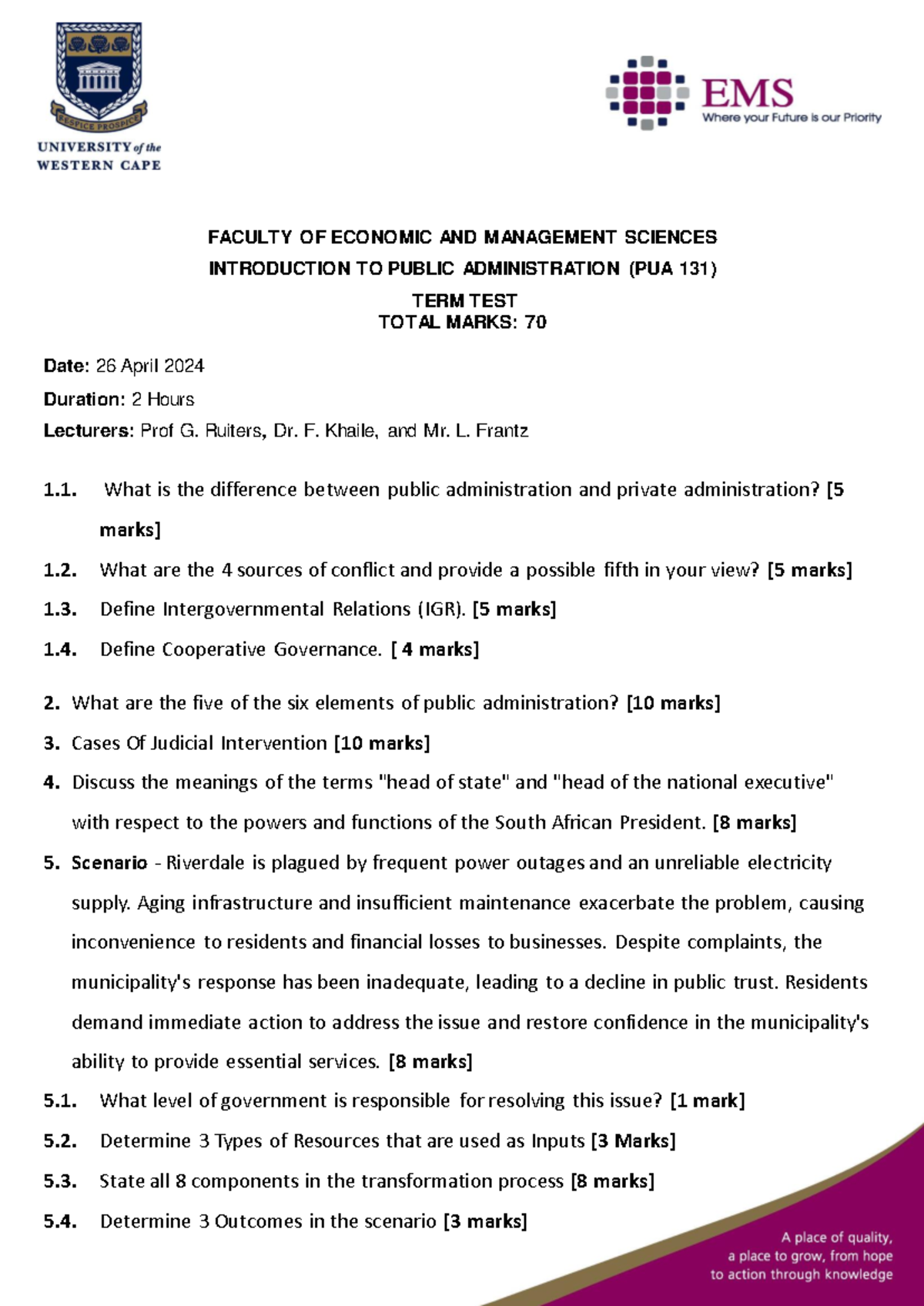 PUA 131 TERM TEST: Introduction to Public Administration Insights - Studocu