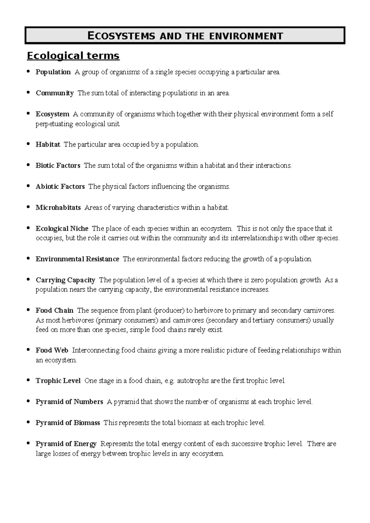 ECOS 101: Ecology Handout - Key Terms and Concepts - Studocu