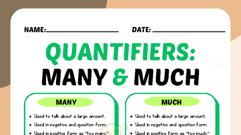 Quantifiers: Many and Much English Worksheet for Class 3 - Studocu