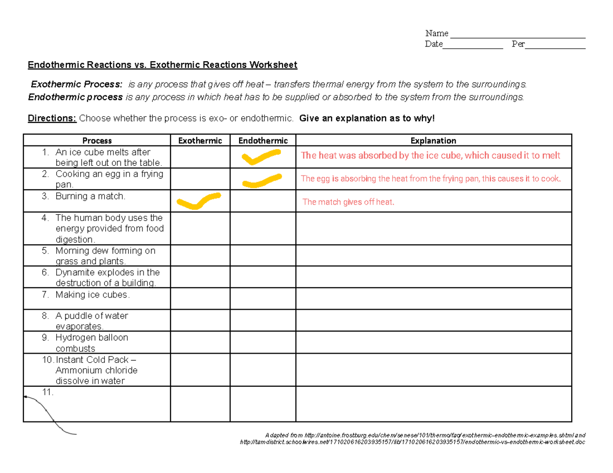 Endothermic vs. Exothermic Reactions Worksheet Practice - Studocu