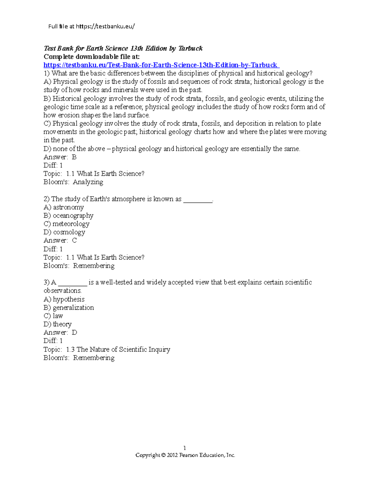 Test Bank for Earth Science (Tarbuck) - 13th Edition Review - Studocu