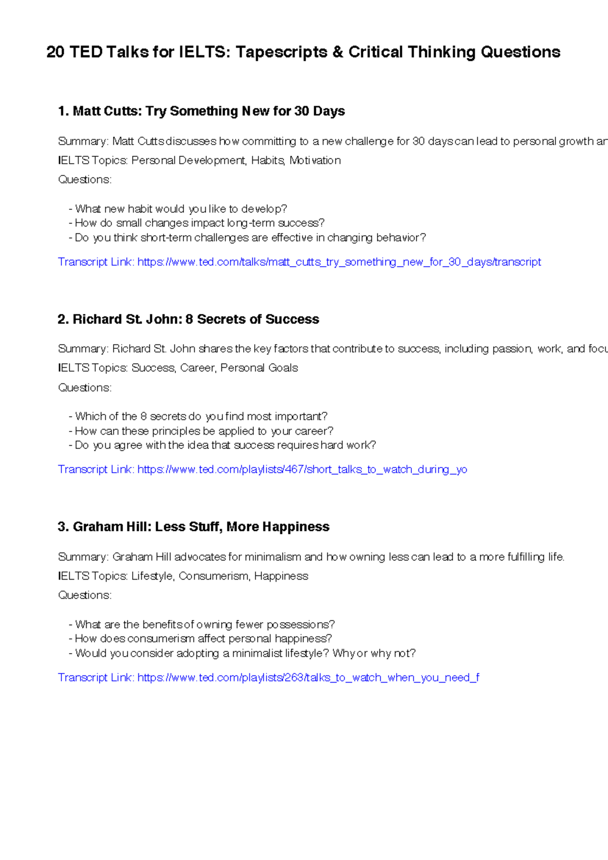 10 TED Talks for IELTS: Critical Thinking Insights and Questions - Studocu