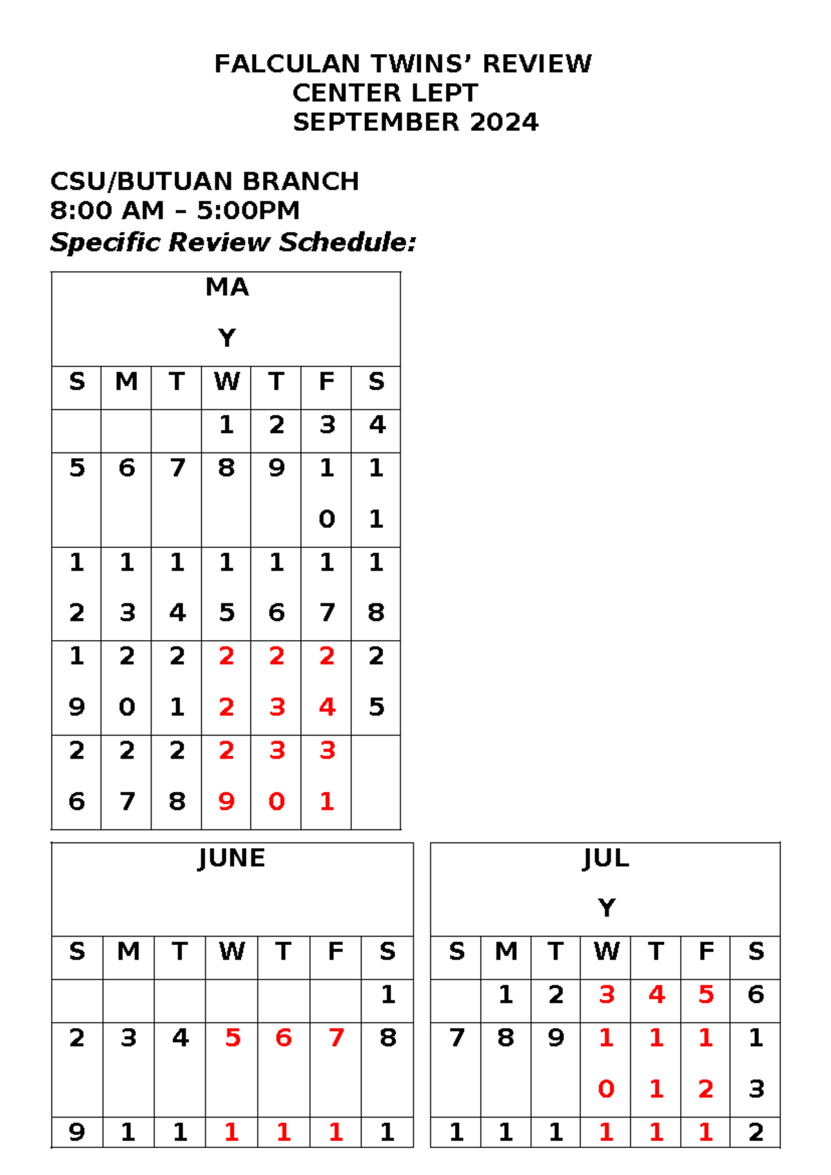 FTRC Specific Review Schedule for FALCULAN TWINS - CSU/Butuan - Studocu