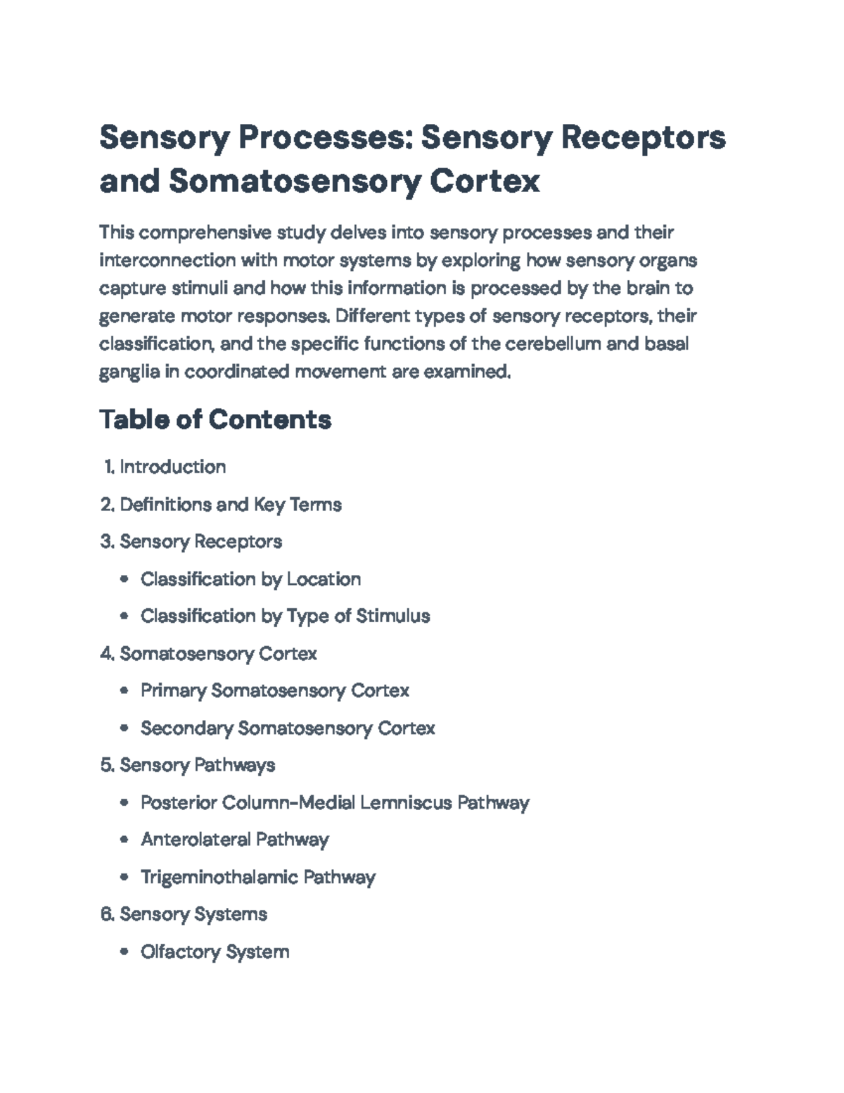 Sensory Processes and Motor Control: Receptors and Cortex Overview ...