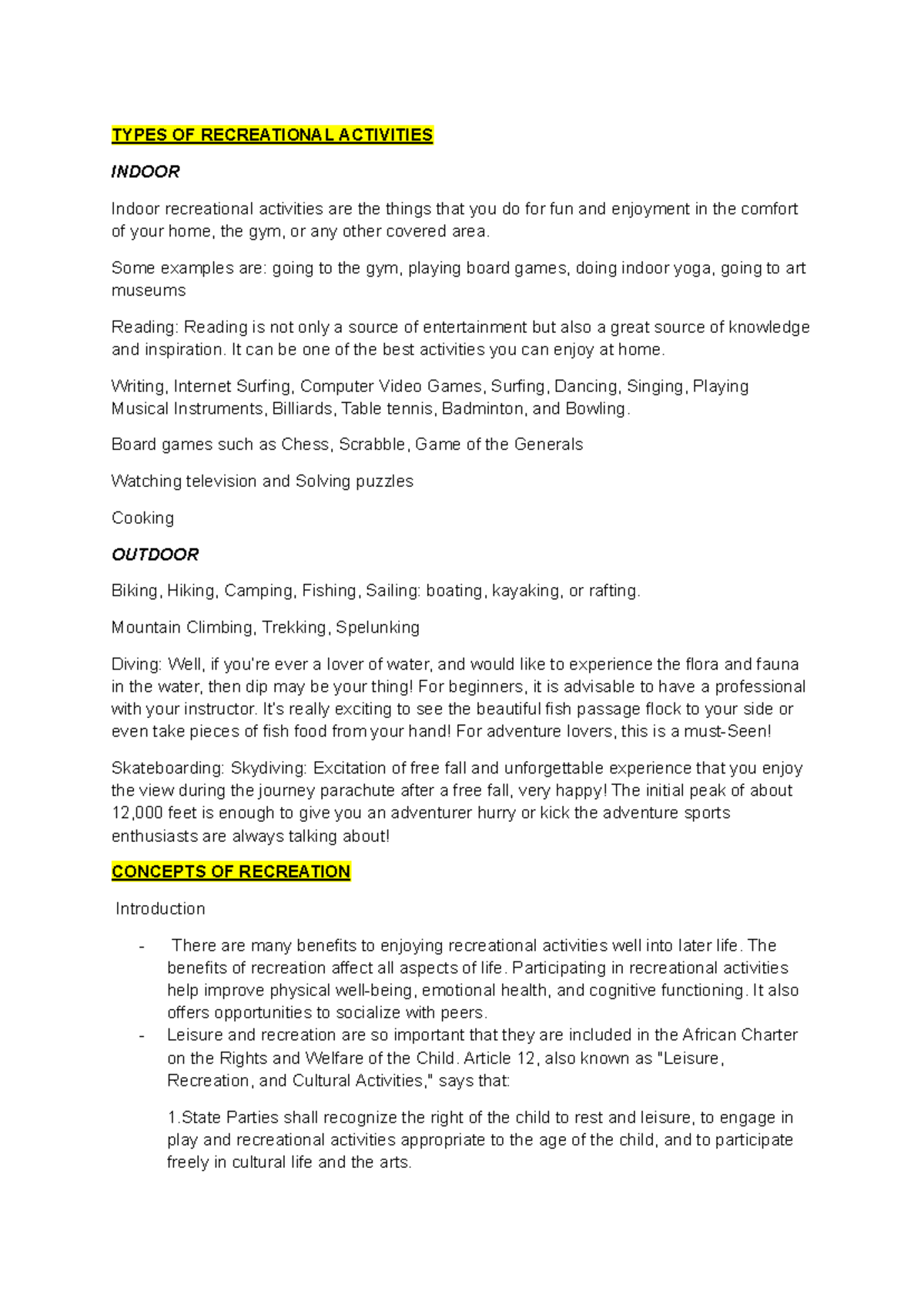 Pathfit 2 - Types of Indoor and Outdoor Recreational Activities - Studocu