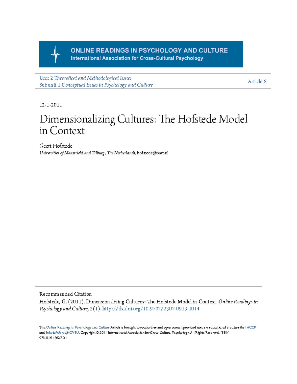Unit 2, Subunit 1: Hofstede's Model of Cultural Dimensions in Context ...
