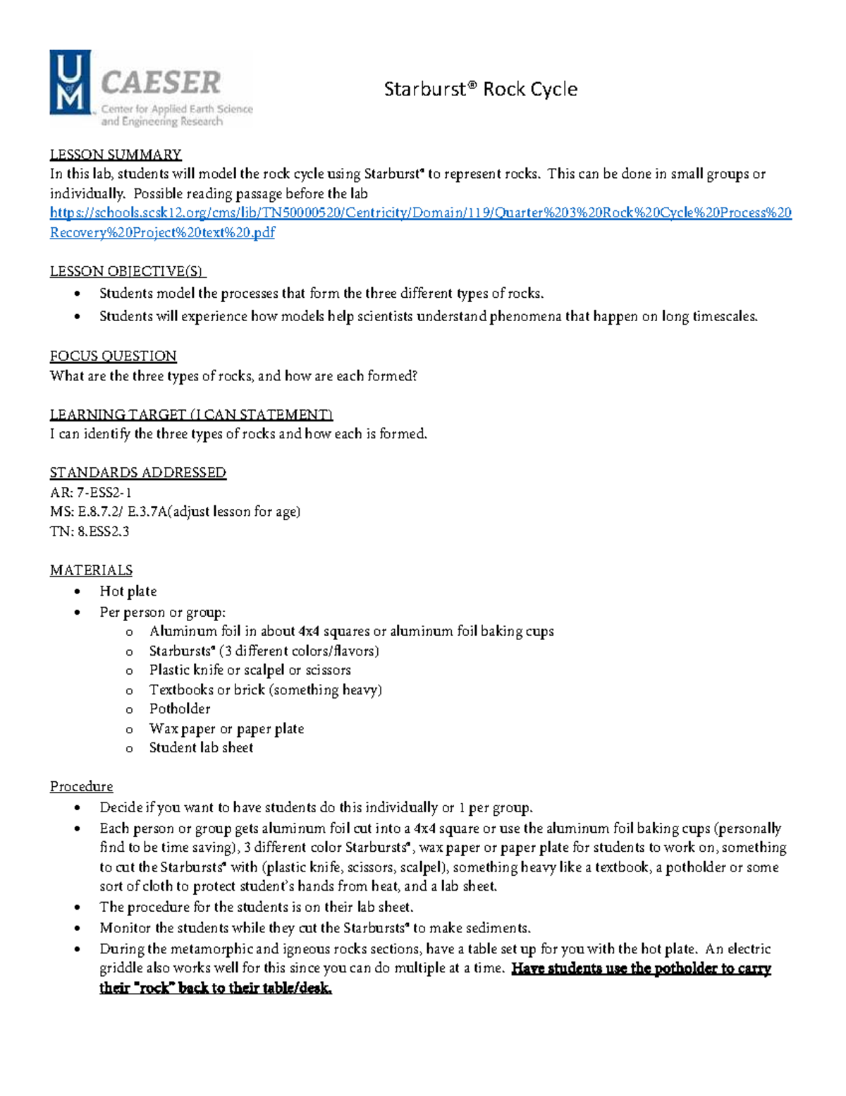 Rock Cycle Lab Summary (6th Grade) - Studocu