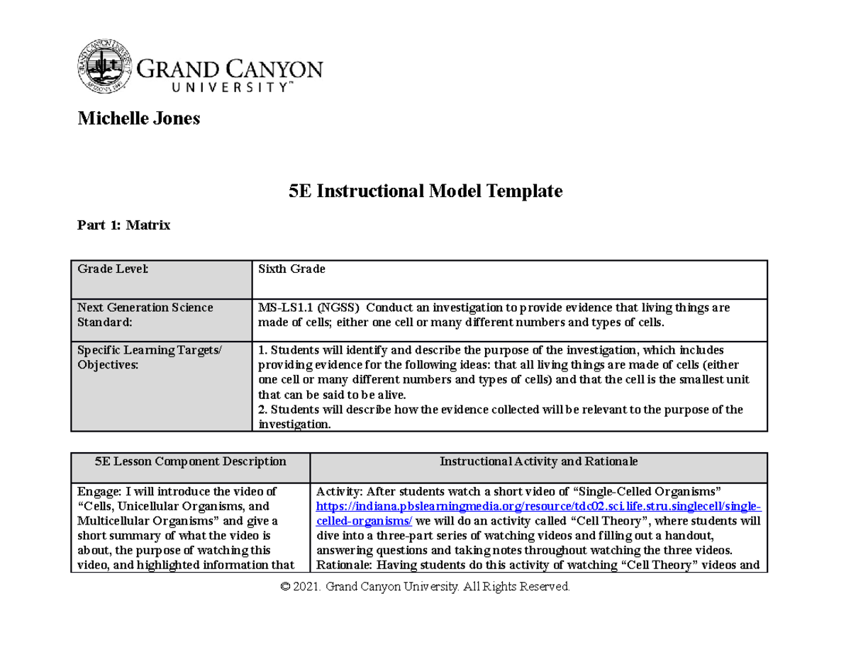 ELM-361 5E Model Assignment 2: Exploring Cells with Michelle Jones - Studocu