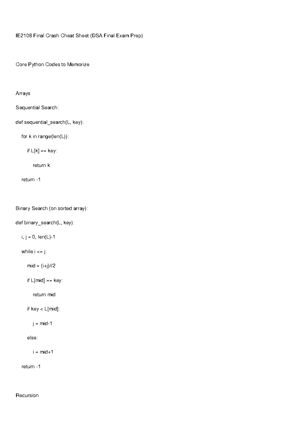 IE2108 Final Exam Cheat Sheet: Core Python DSA Concepts - Studocu