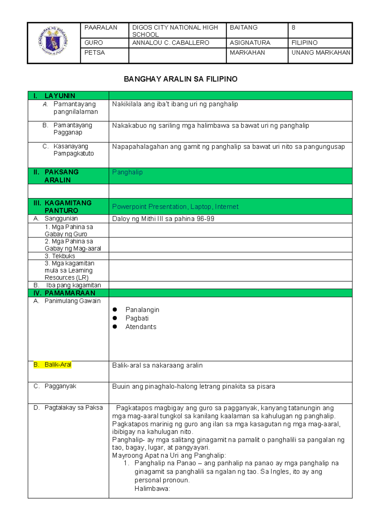 Banghay Aralin sa Filipino: Panghalip (Grade 8) - Template EPP DLP ...
