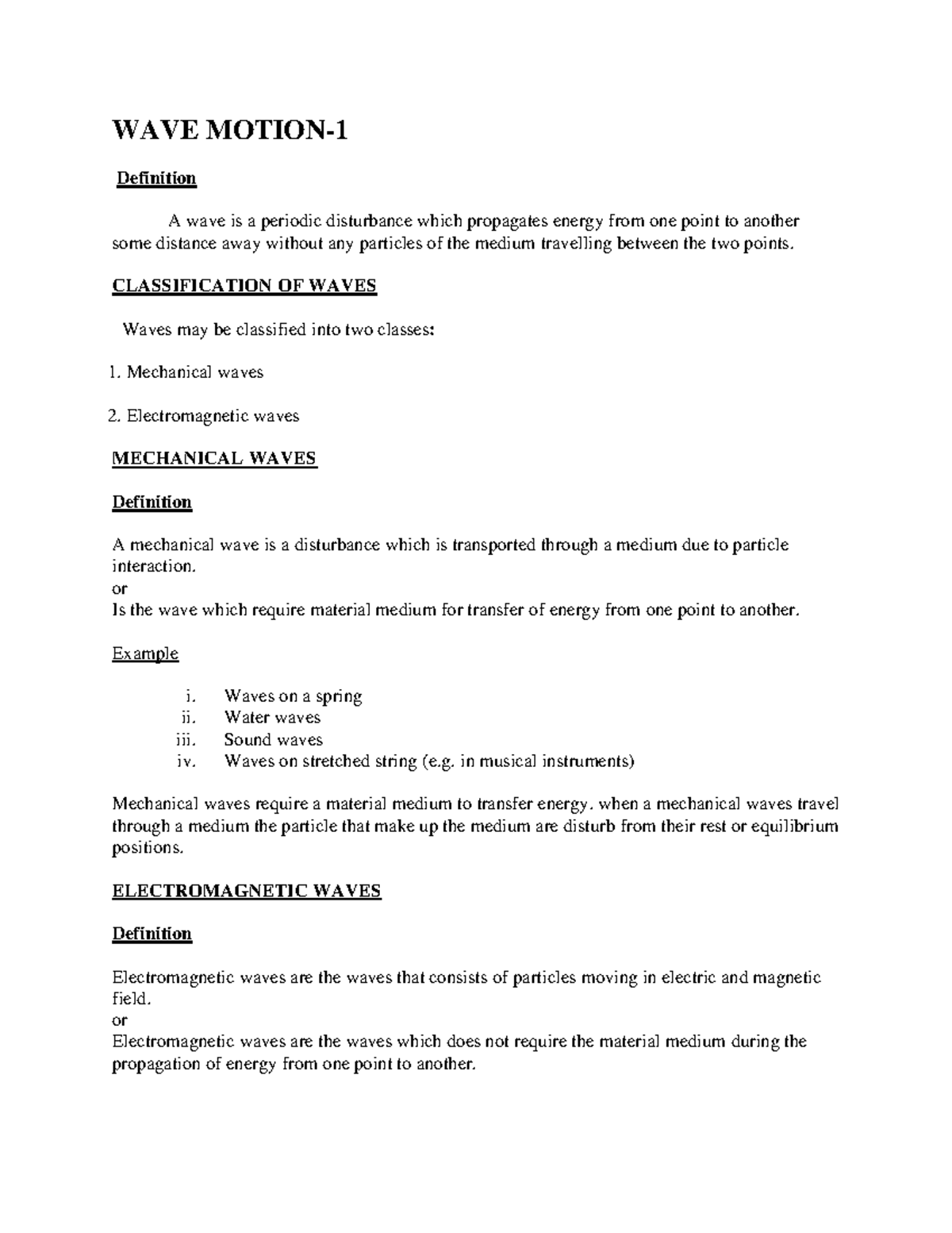 WAVE Motion: Definitions, Classifications, and Key Concepts - Studocu