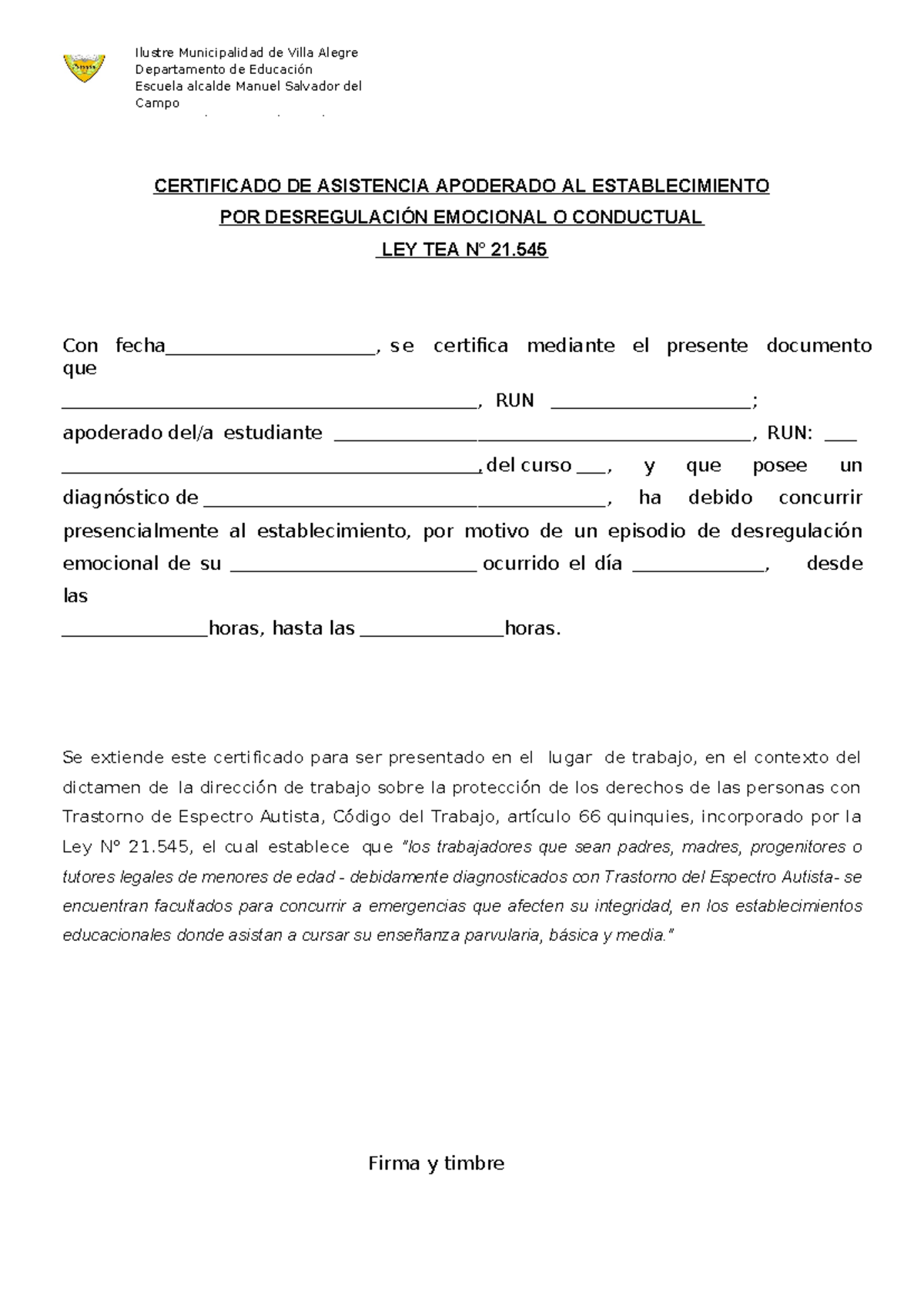 Certificado de Asistencia Apoderado - Ley TEA N° 21 - Villa Alegre - Studocu