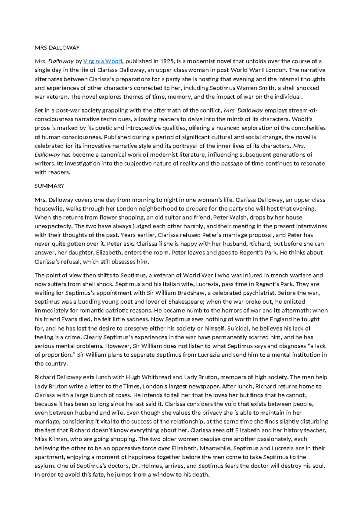 MRS DALLOWAY: A Comprehensive Summary and Analysis of Virginia Woolf's ...