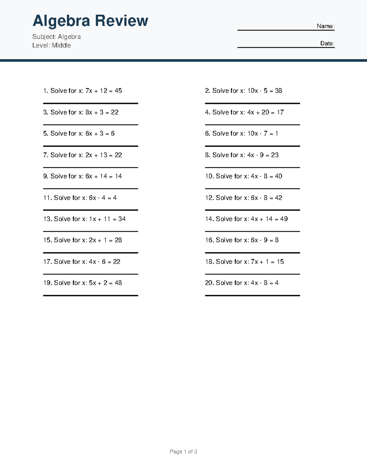 Algebra Review (Level: Middle) - Problem Set & Answer Key - Studocu