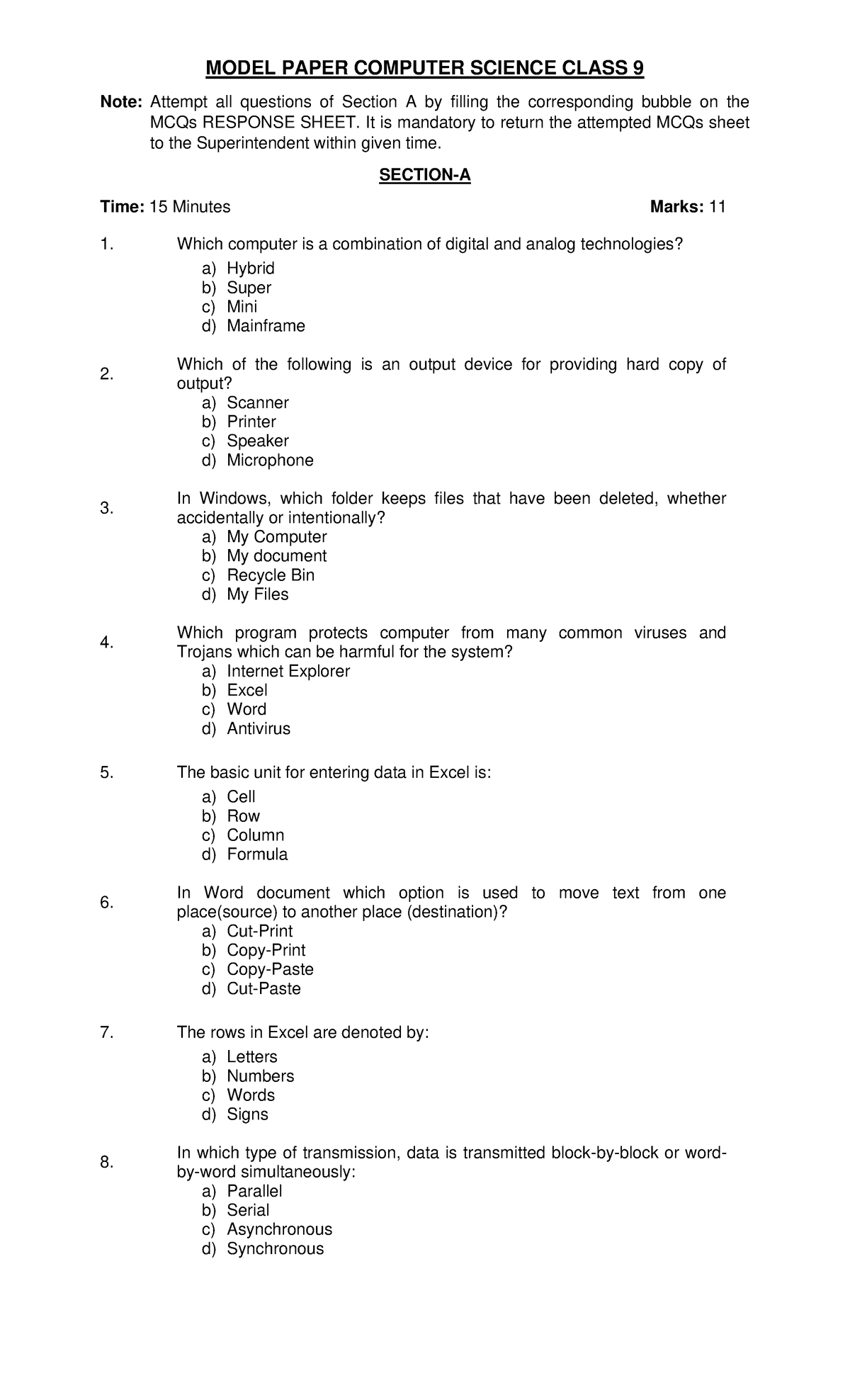 Model Paper - Computer Science Class 9 MCQs - Studocu