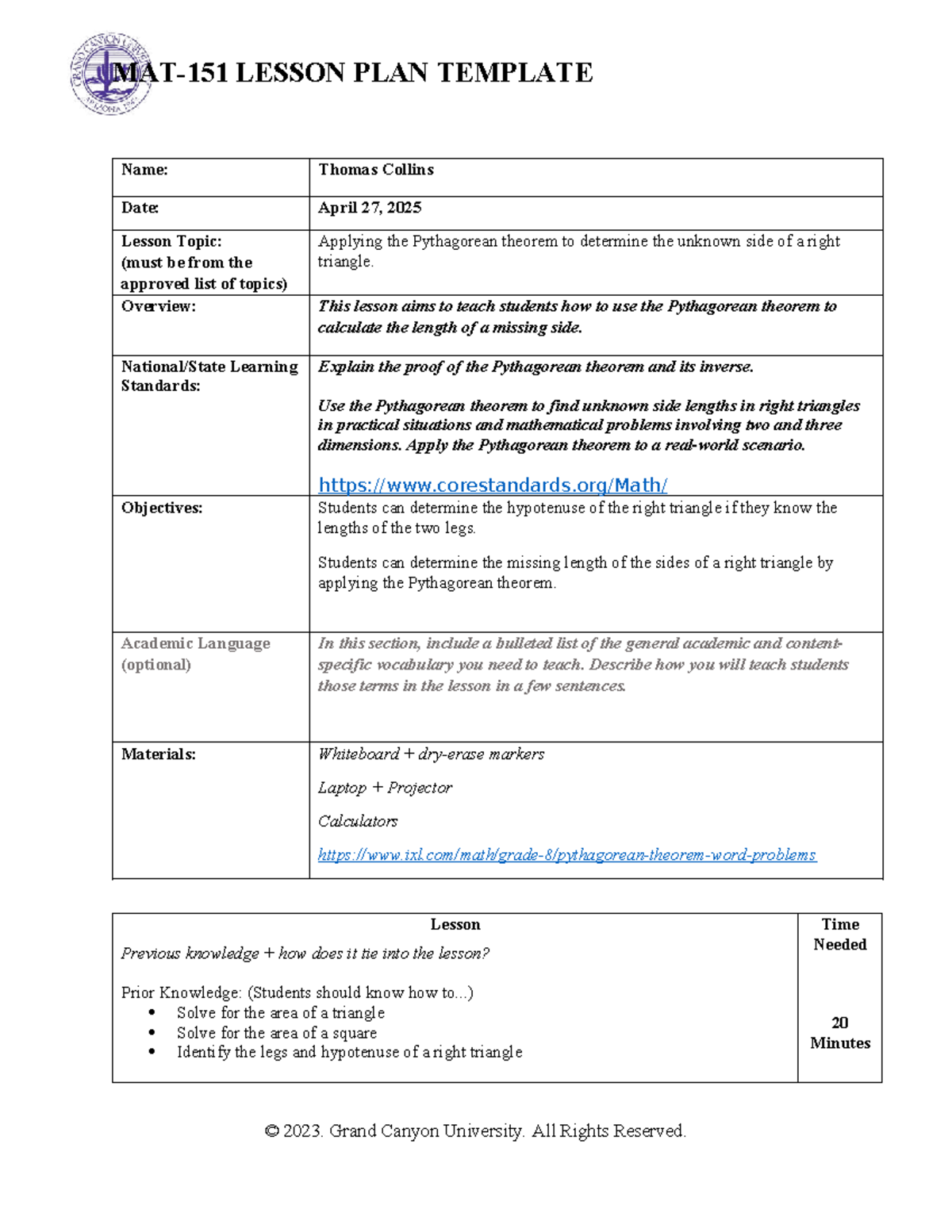 MAT-151 Lesson Plan: Applying the Pythagorean Theorem - Studocu