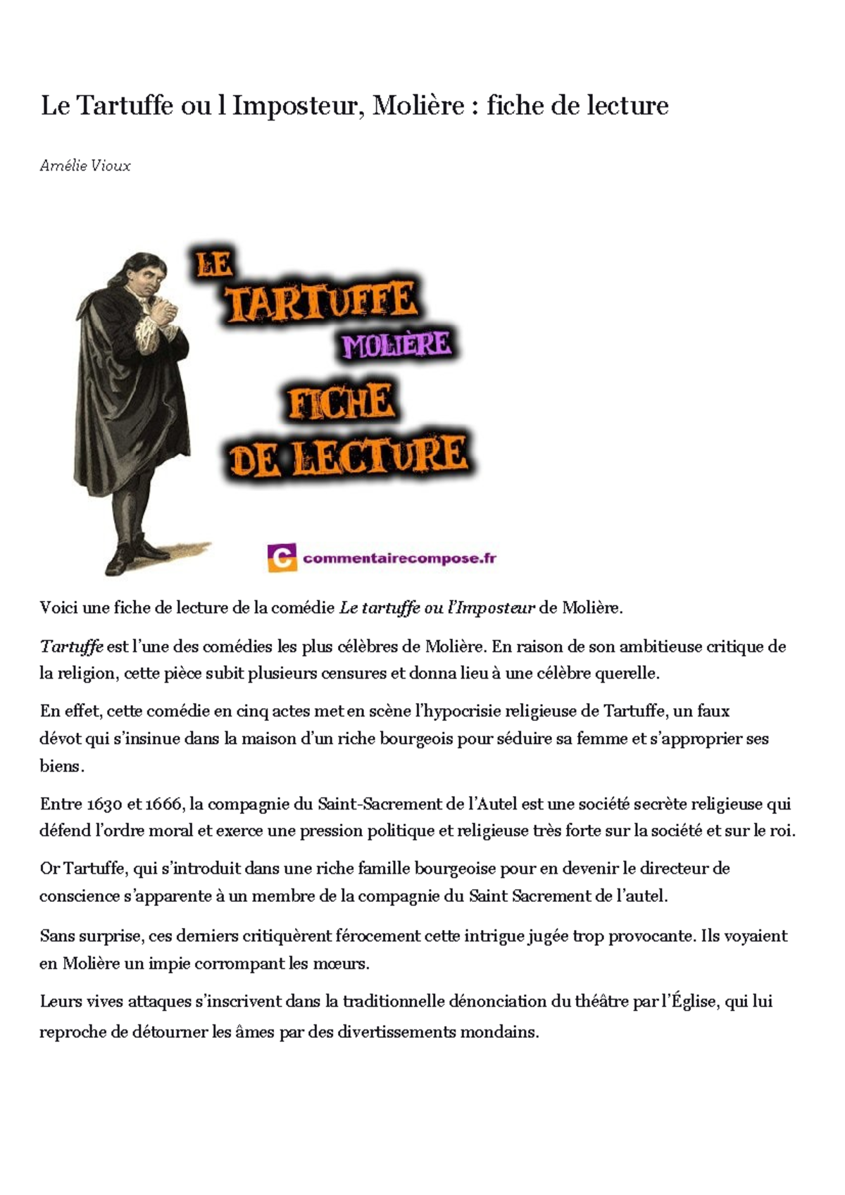 Le Tartuffe de Molière : Fiche de Lecture et Analyse Complète - Studocu