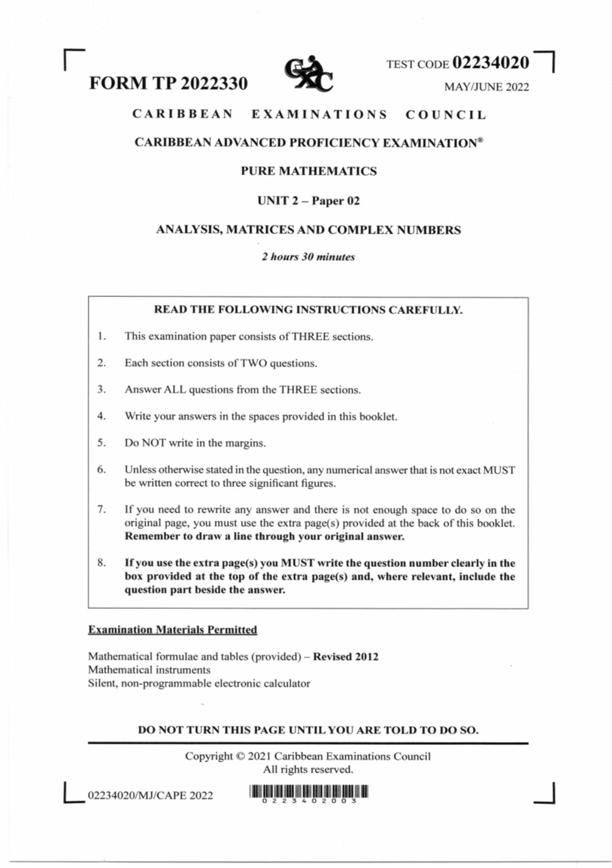 CAPE Pure Mathematics 2022 Unit 2 Paper 02 Exam Questions - Studocu