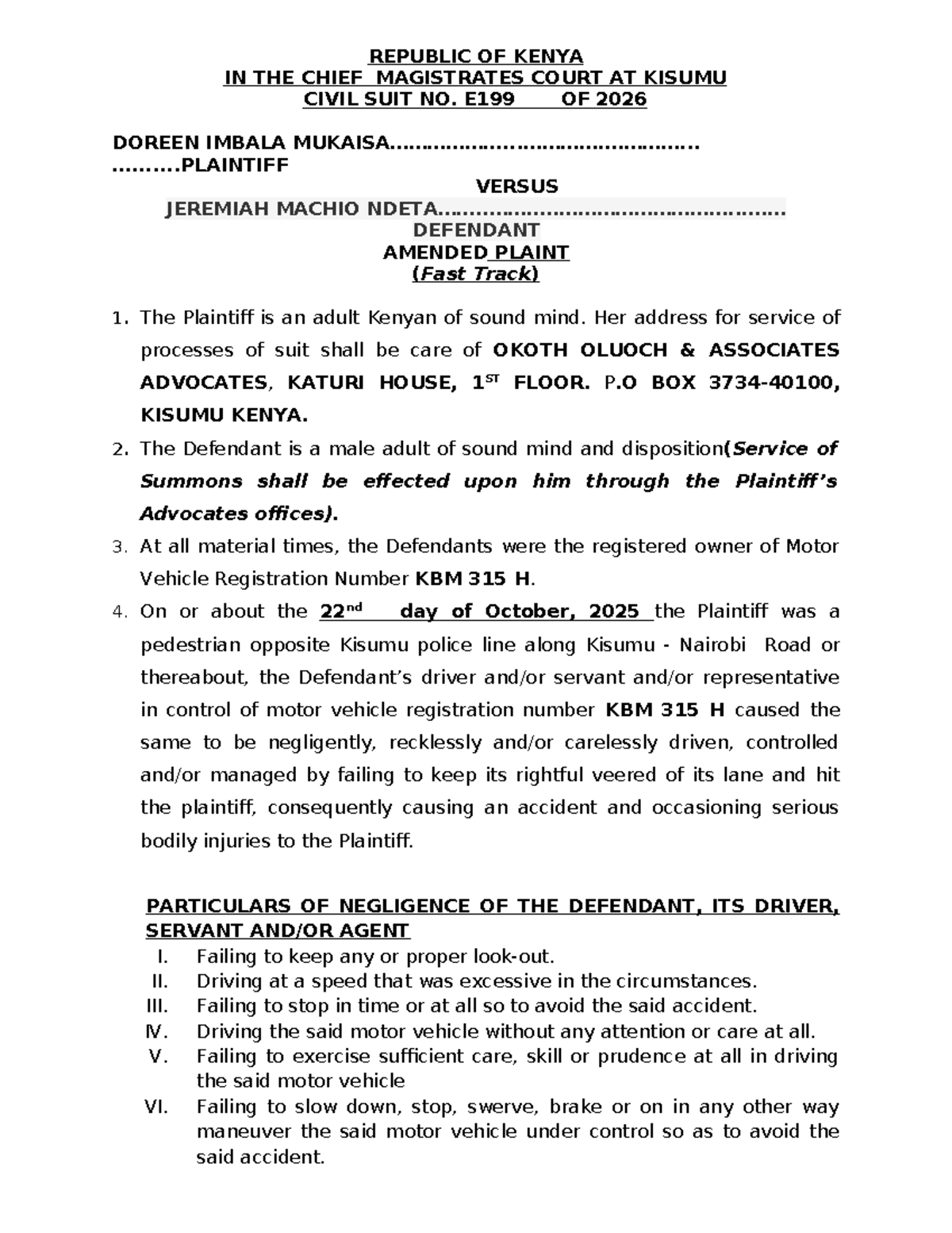 Amended Plaint in Civil Suit No. E199 of 2026: Doreen Imbala vs ...
