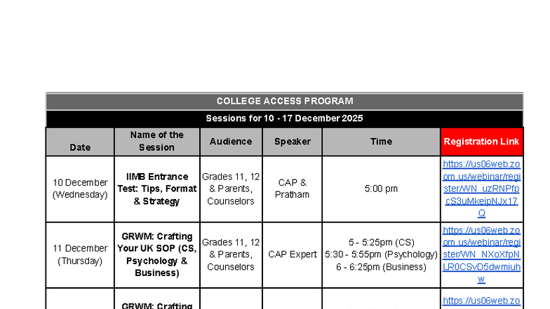 CAP Sessions Calendar: College Access Program (10-17 Dec 2025) - Studocu