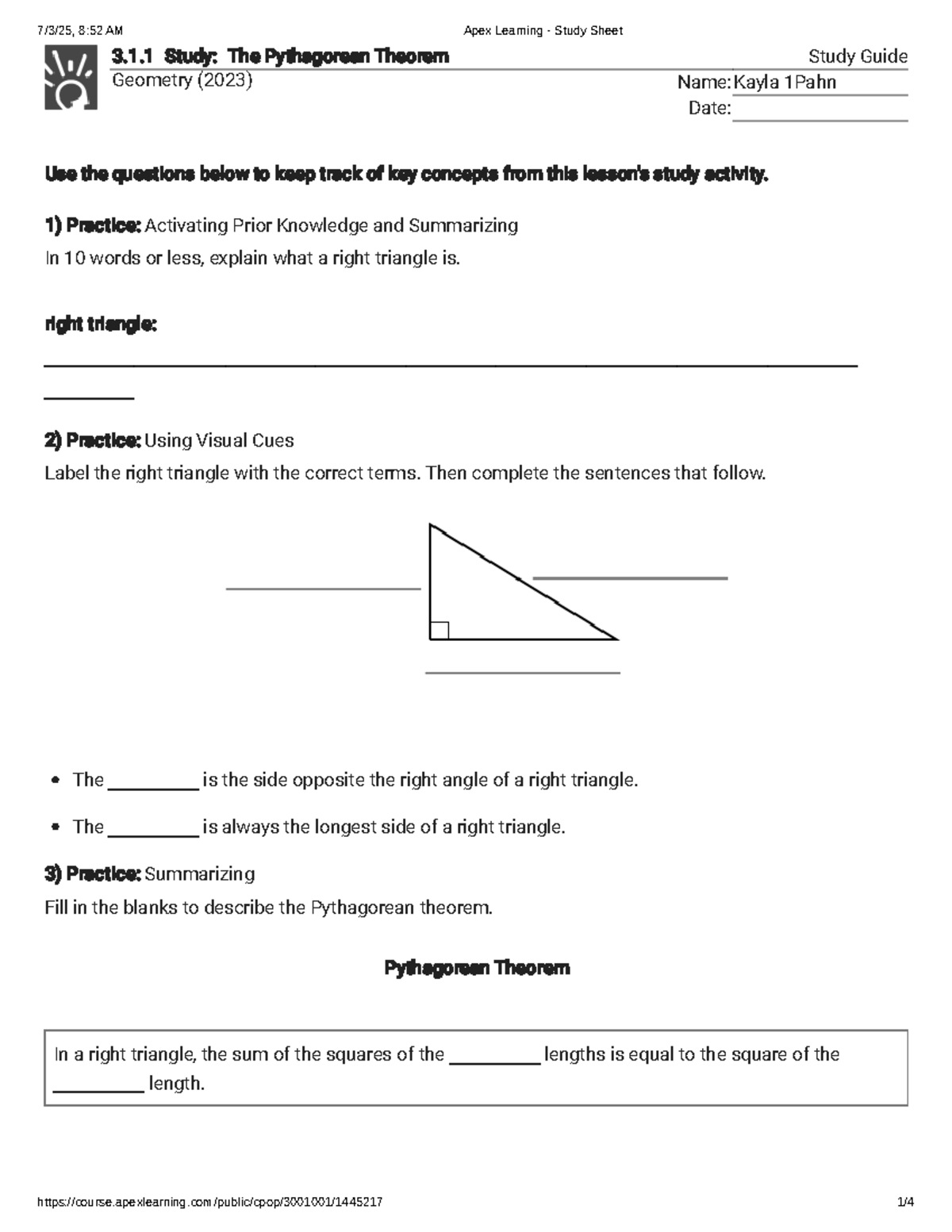 Pythagorean Theorem Study Guide - Geometry (Course Code: 2023) - Studocu
