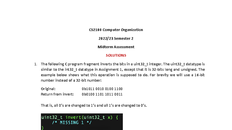 CS2100 Computer Organization Semester 2 Midterm Assessment Solutions ...