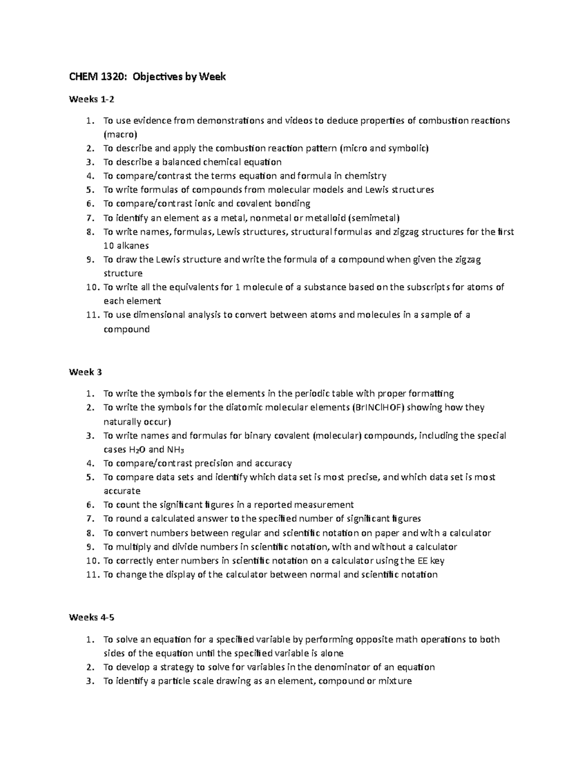 CHEM 1320: Weekly Objectives and Exam Guide Overview - CHEM 1320 ...