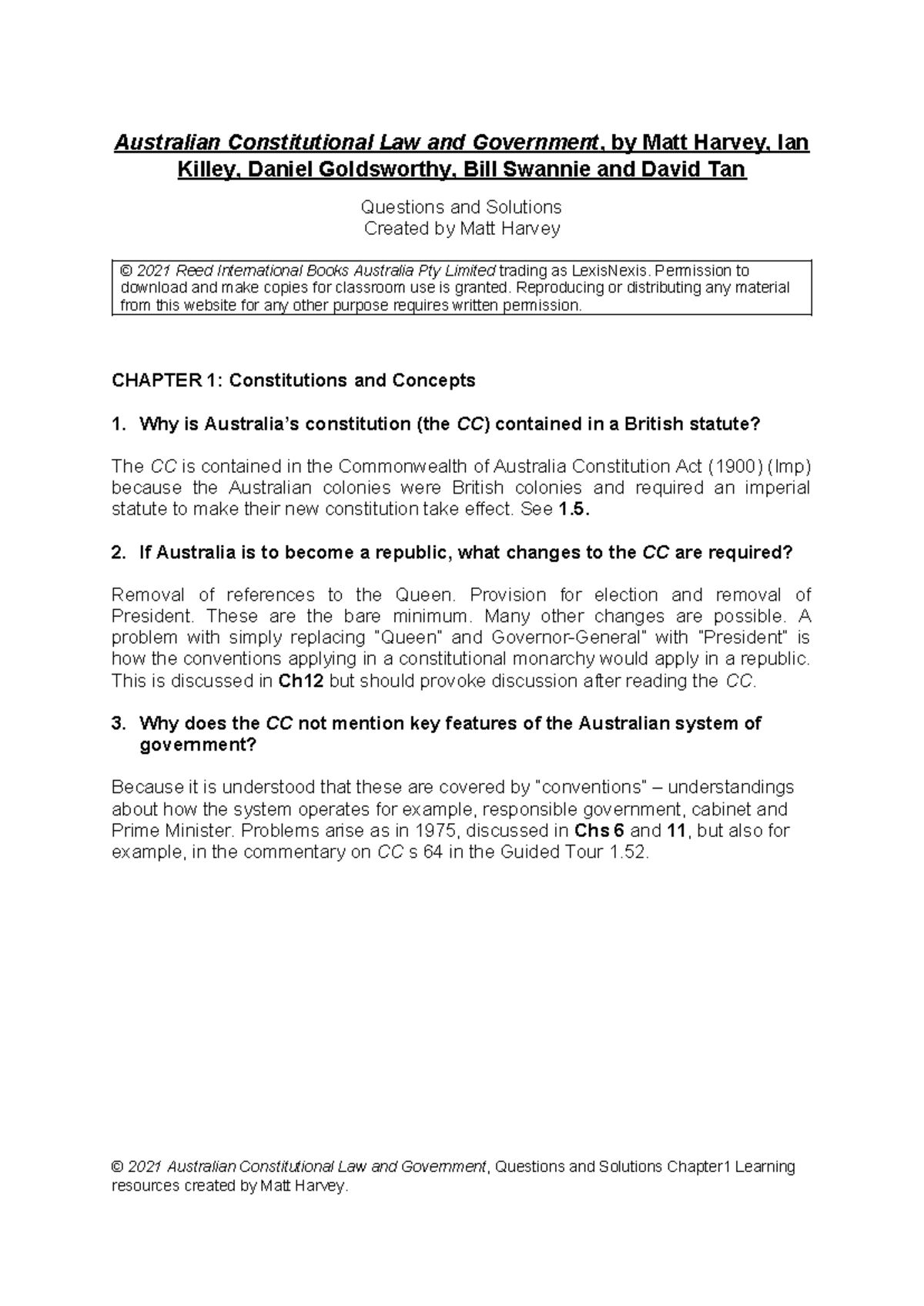 ACLAG Questions & Solutions: Chapter 1 - Australian Constitutional Law ...