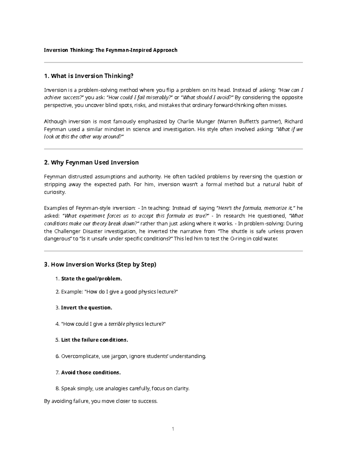 Feynman Inversion Thinking: A Unique Approach to Problem Solving - Studocu