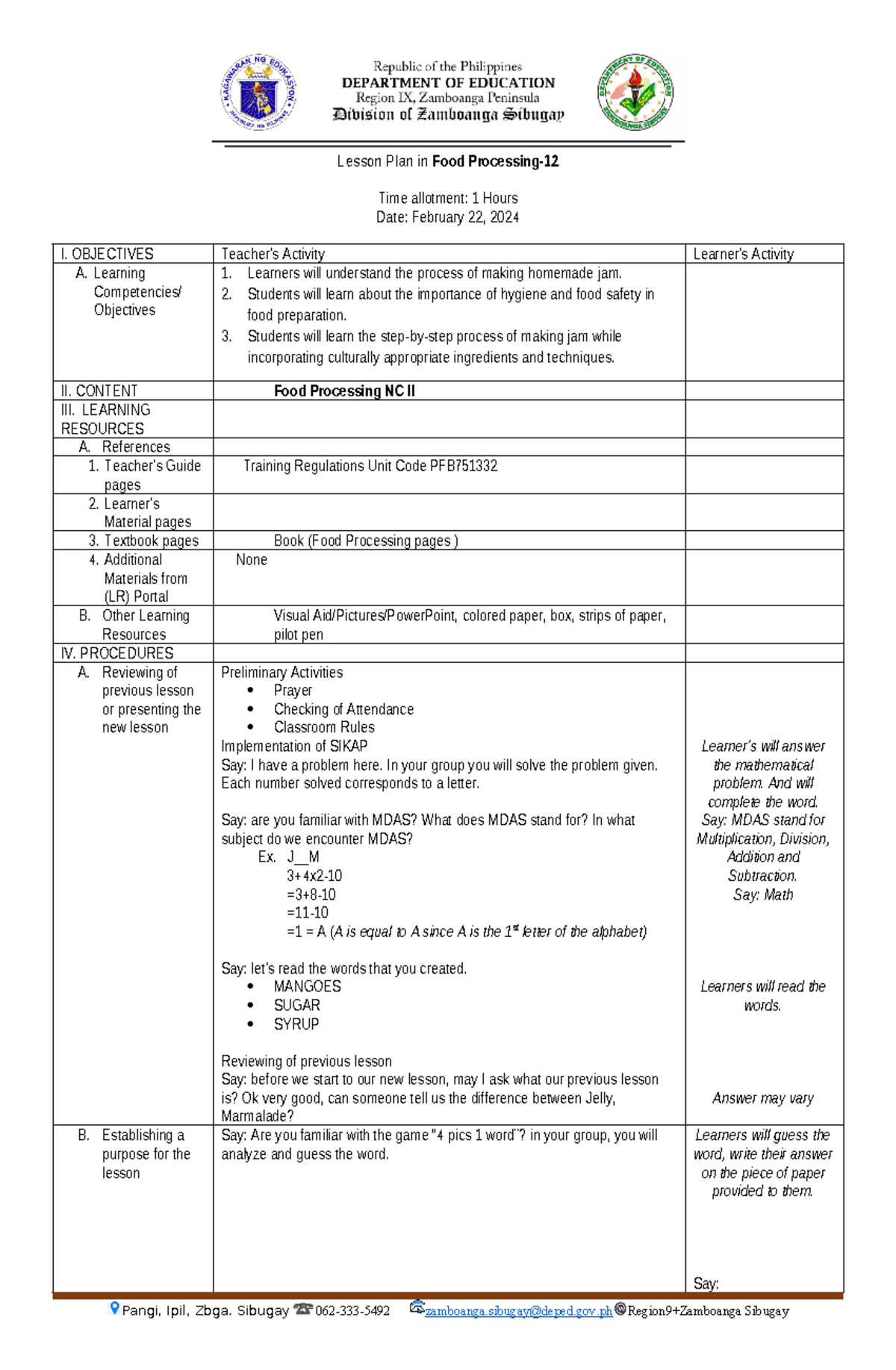 Food Processing NC II: Lesson Plan on Making Jam - Studocu