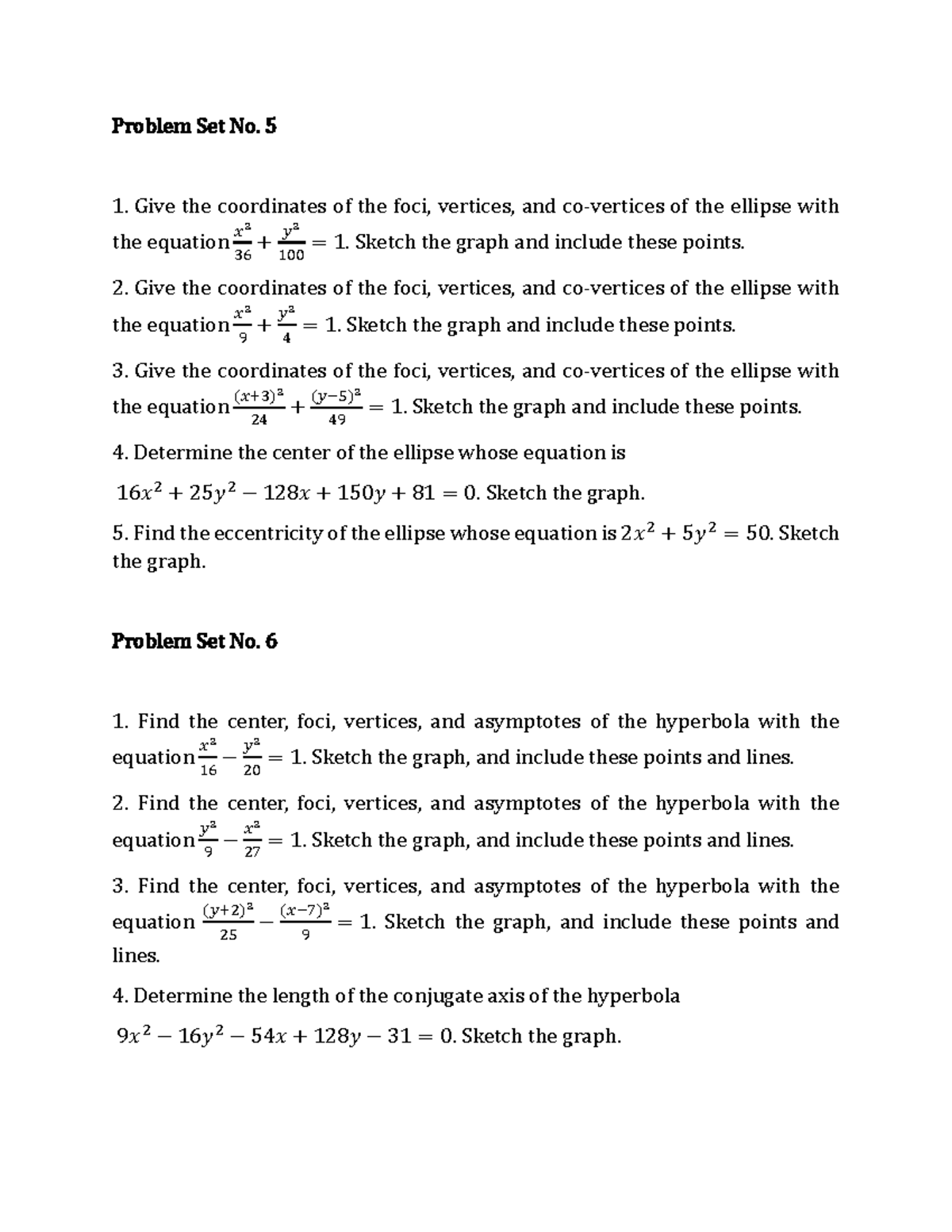 Pre-Calculus Problem Set 5 & 6: Ellipses and Hyperbolas - Studocu